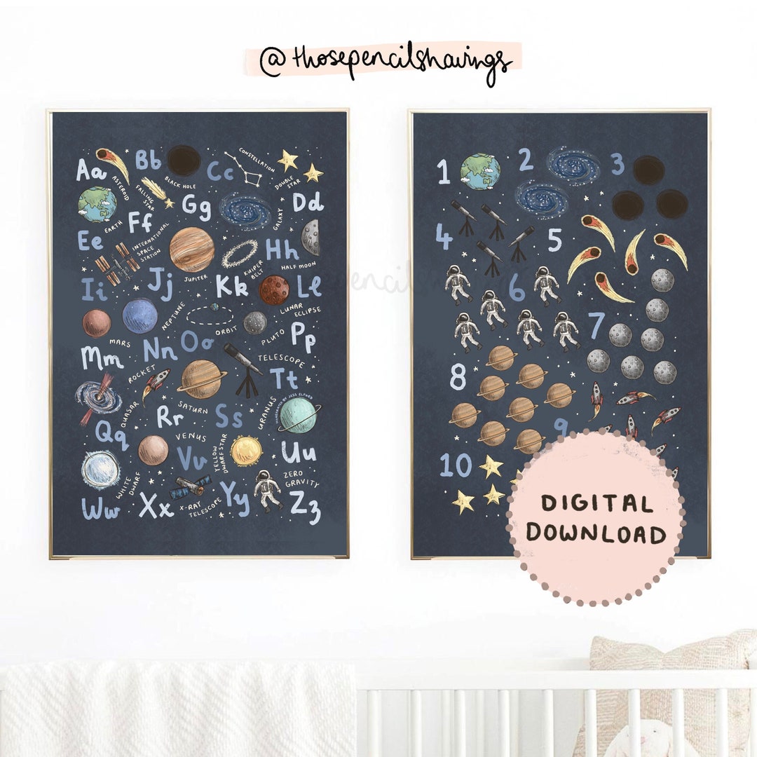 DIGITAL DOWNLOAD Space Alphabet and Numbers Print Outer Space ABC 123 ...