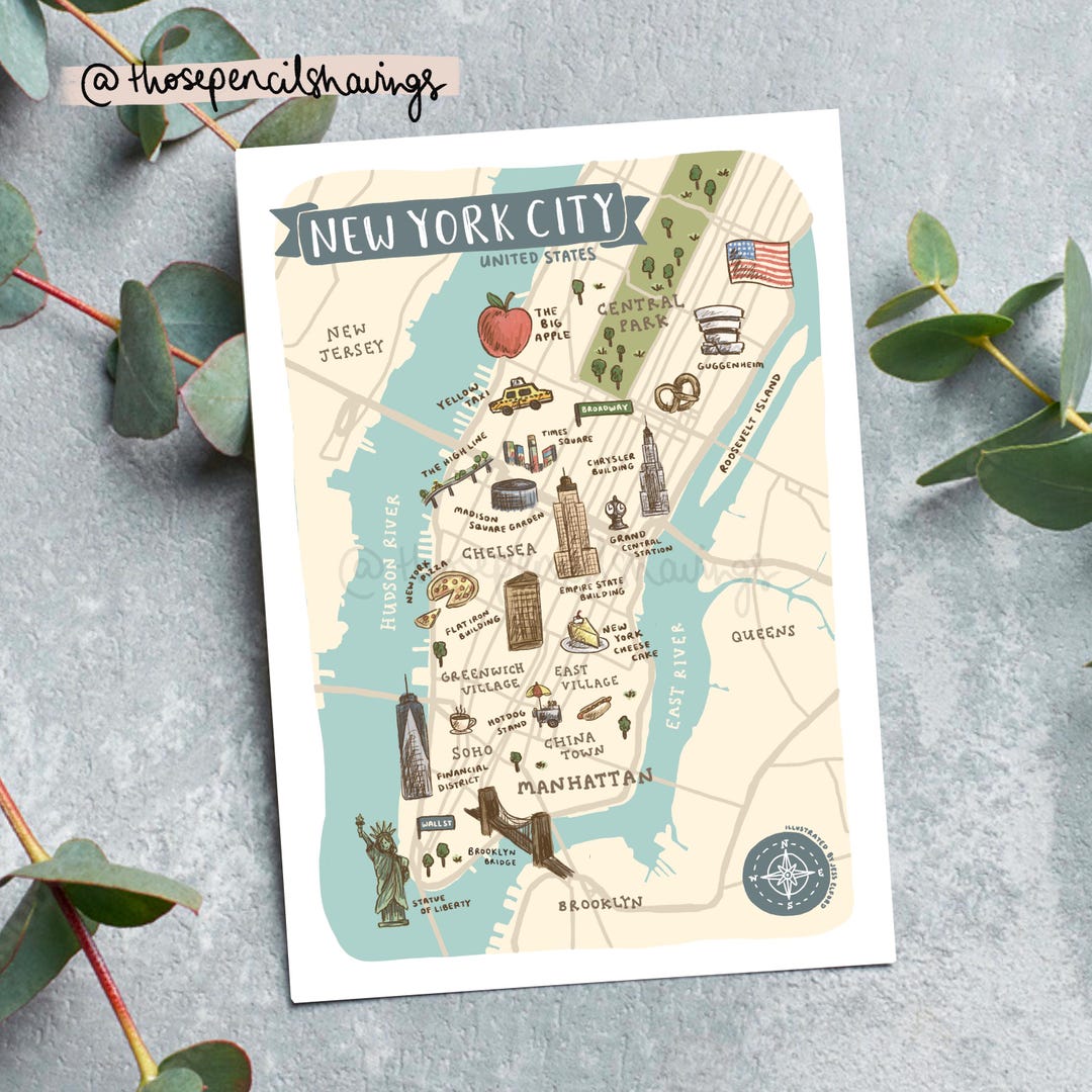 New York City Map Postcard | Illustrated NYC Travel Print | Cute ...