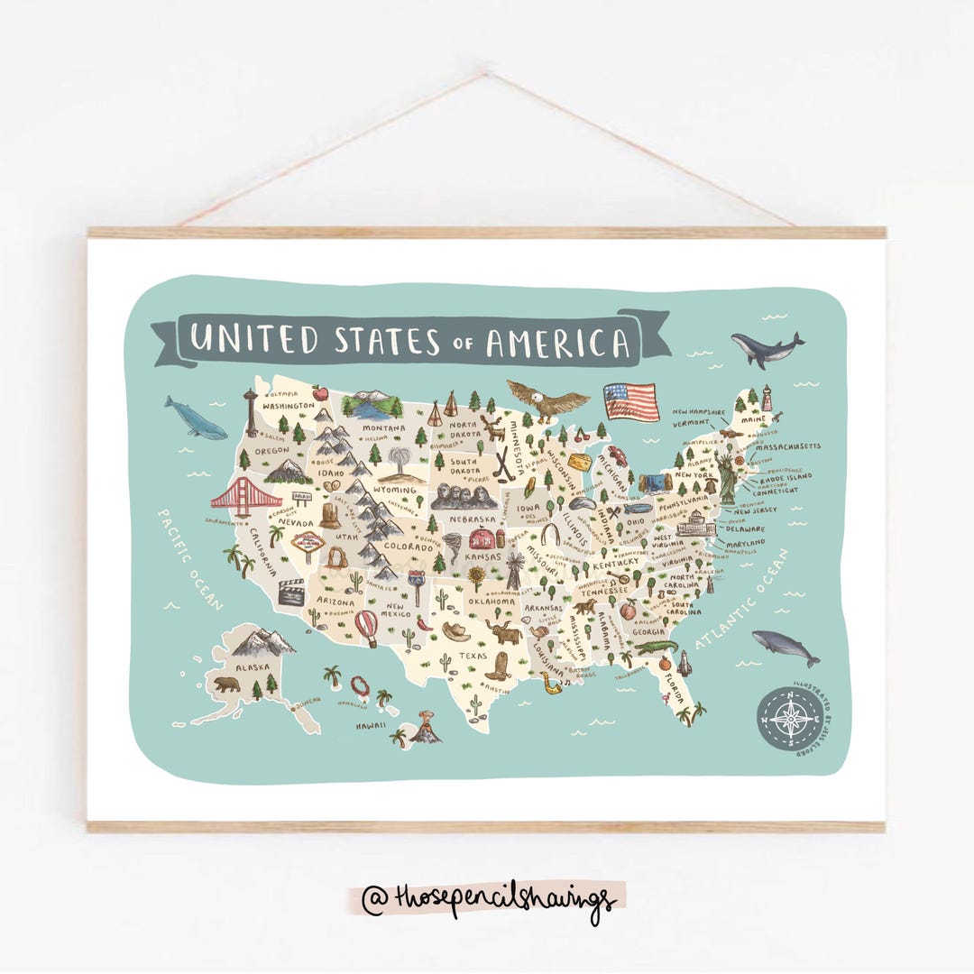 USA Map Print | Illustrated United States Wall Art Poster | Cute ...