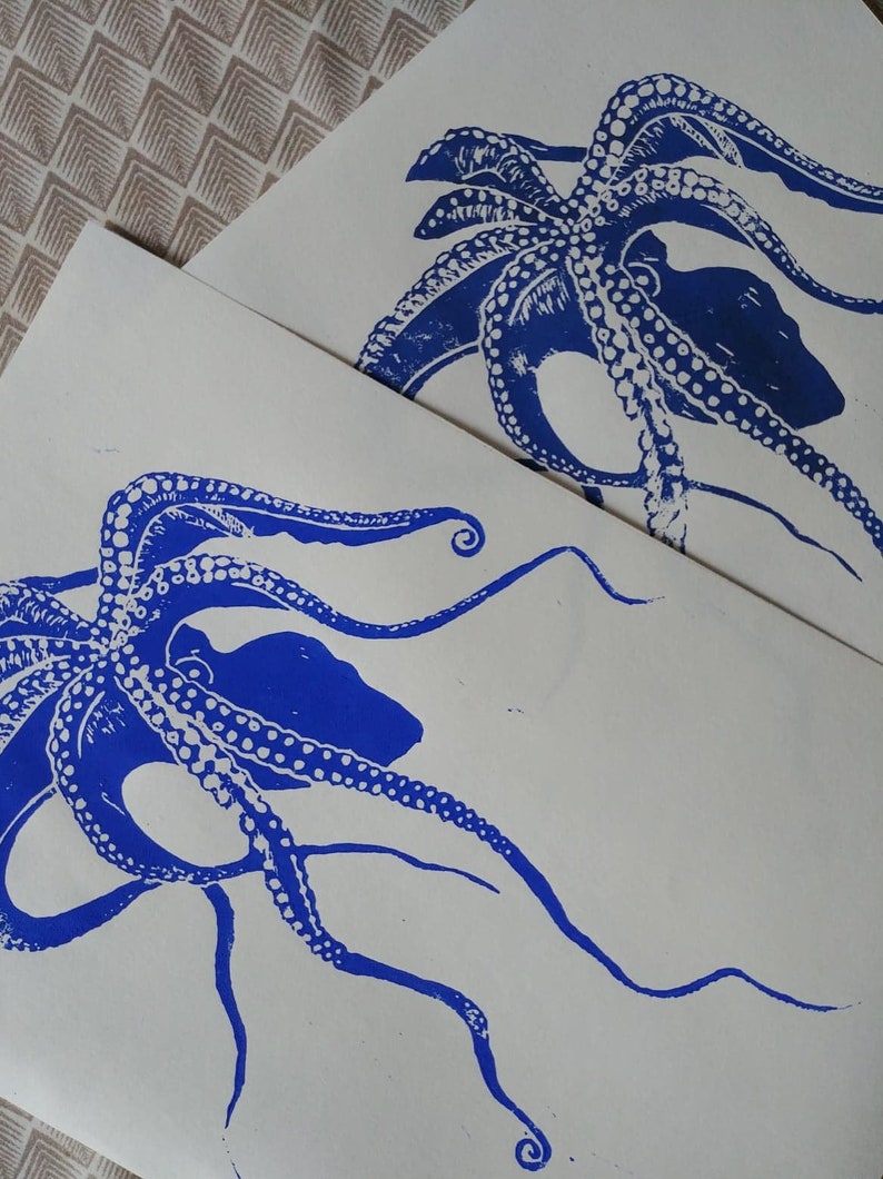Octopus Linocut Handmade Print | Etsy