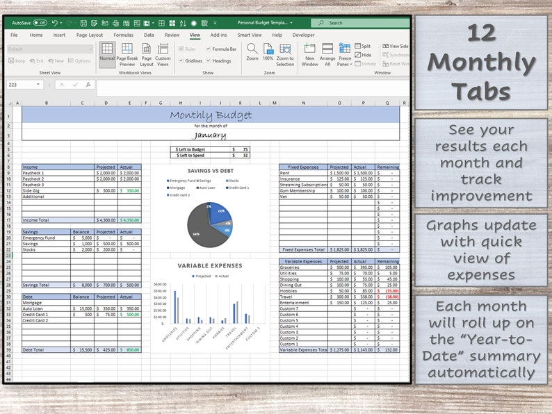 Excel Monthly Budget Planner Template | Digital Financial Spreadsheet ...