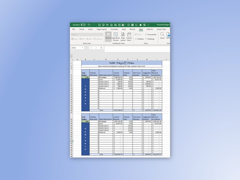 Excel Monthly Budget Planner Template Digital Financial - Etsy