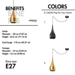 Drop Pendant Light, Gold Metal Hanging Lamp, Black Chandelier Lighting ...
