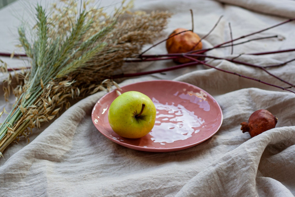 Handmade Porcelain Dinner Plate, Pink Ceramic Dish, Fingerprint Design ...