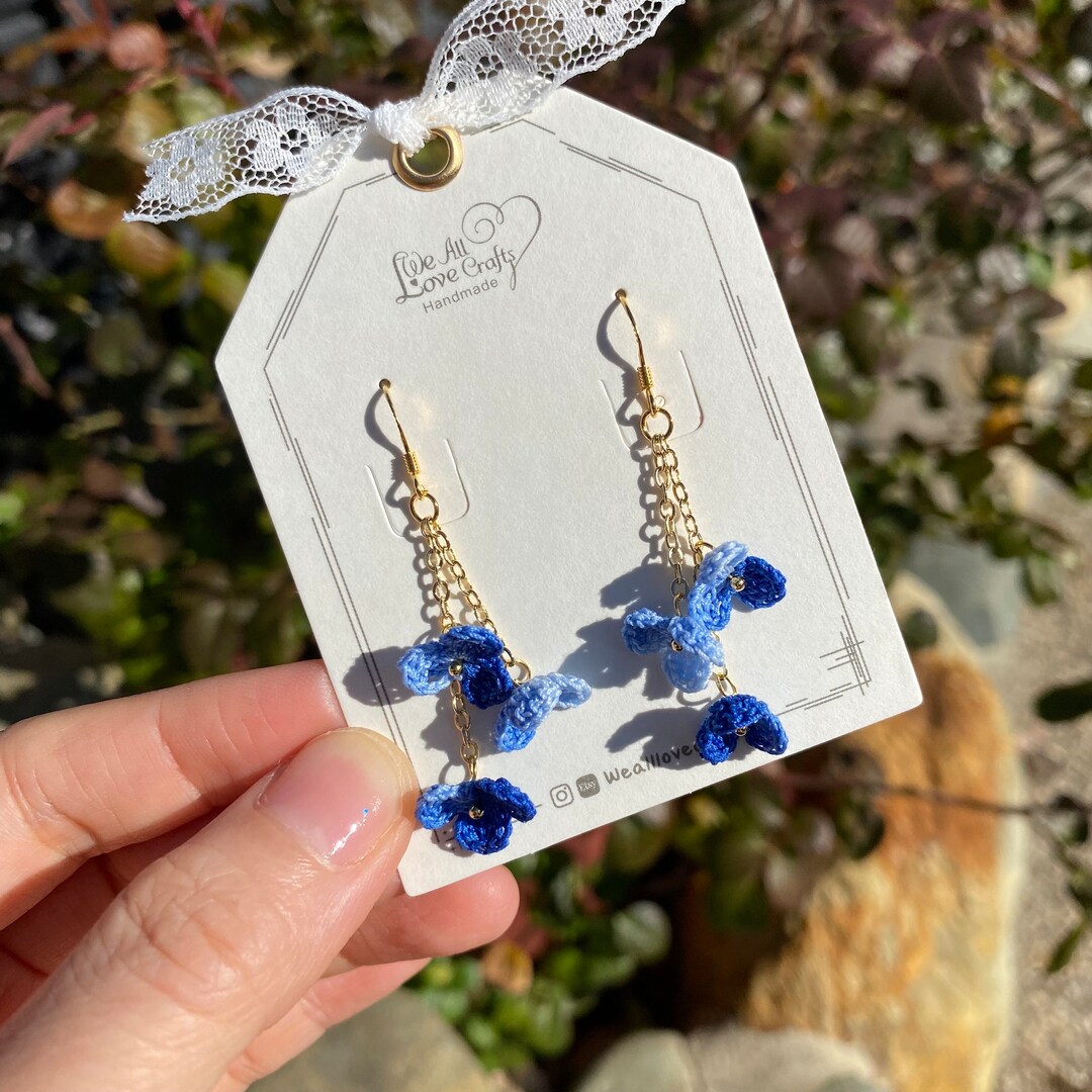 Indigo Dark Blue Ombre Flower Cluster Crochet Dangle Earrings/micro ...