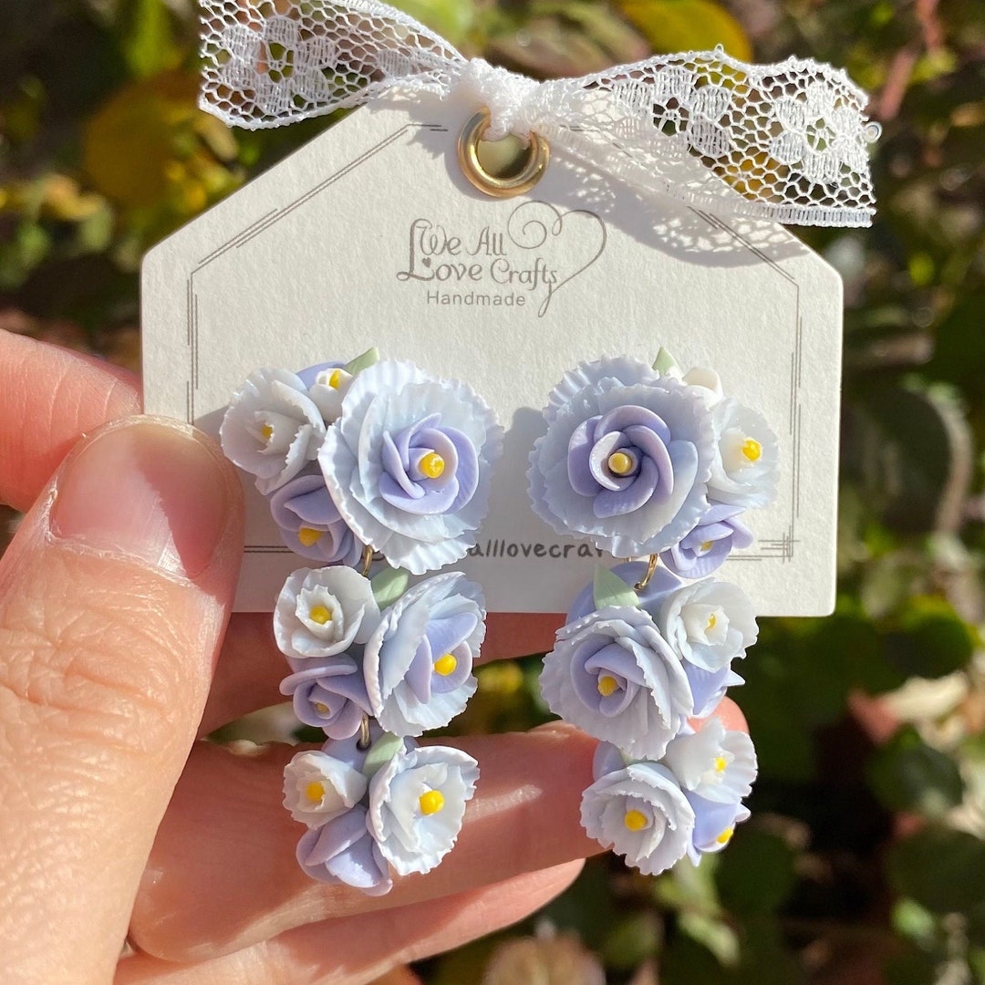 Foggy Blue Rose Cluster Polymer Clay Handmade Stud Earrings/flower ...