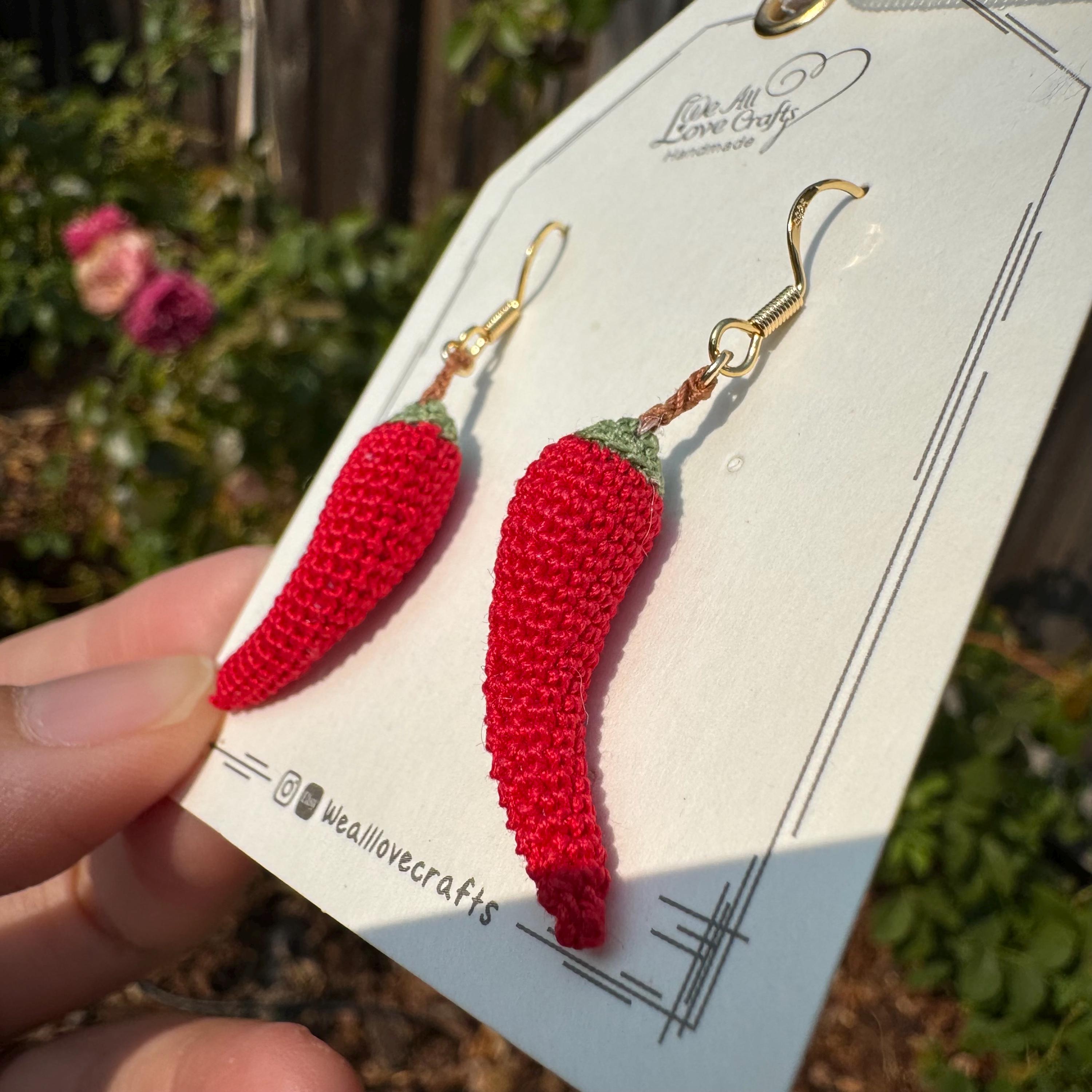 Red Chilli Pepper Amigurumi 3D Crochet Dangled Earrings/microcrochet ...
