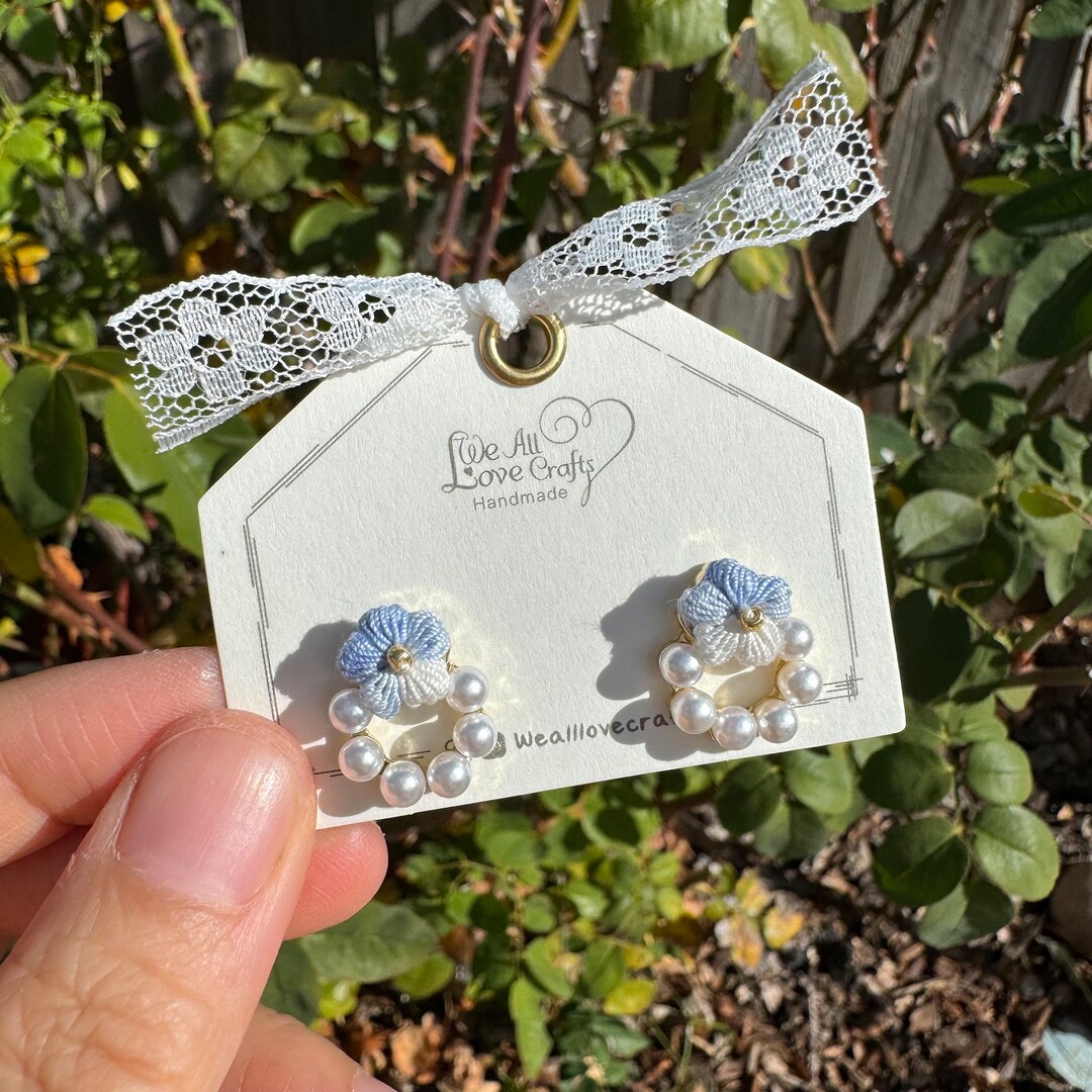 Blue Ombre Puffer Flower With Pearl Circle Crochet Stud Earrings/14k ...