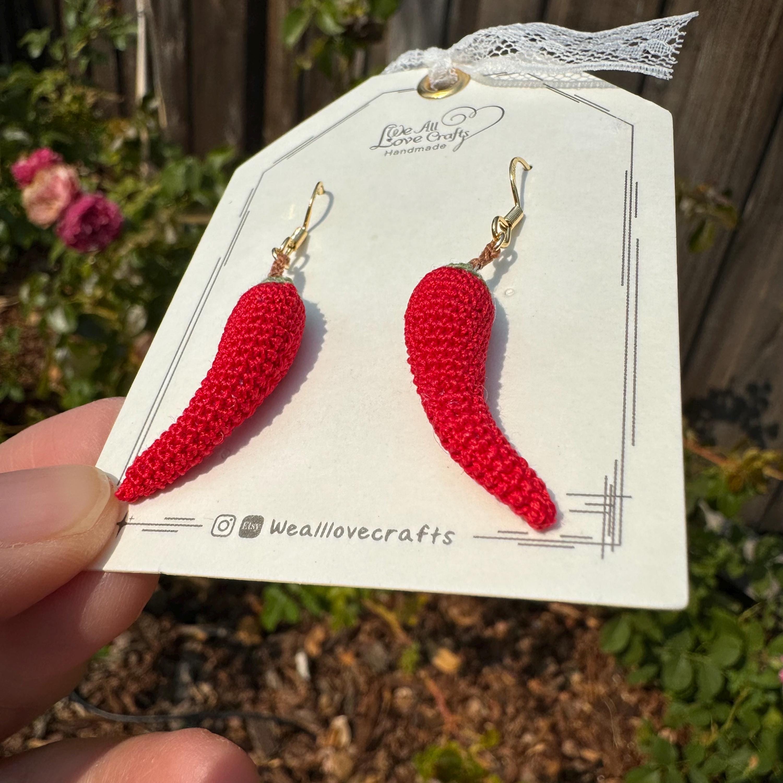 Red Chilli Pepper Amigurumi 3D Crochet Dangled Earrings/microcrochet ...