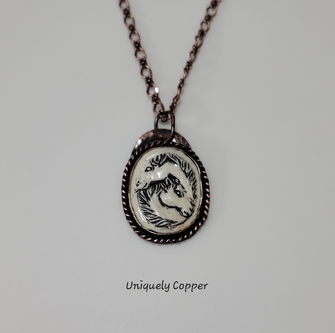 Hand Carved Mare and Foal Copper Necklace, Horse Lover Gift, 7th or ...