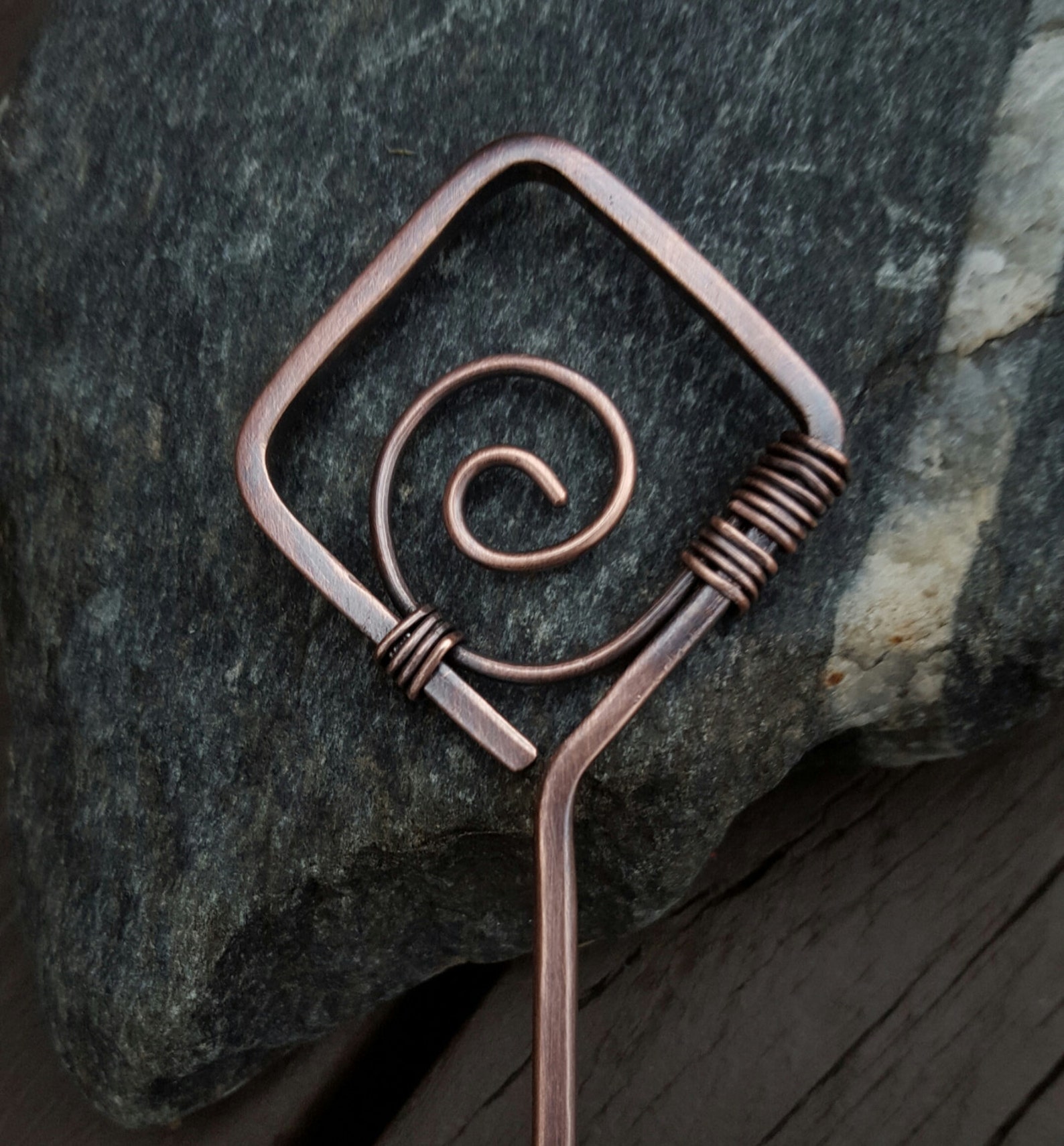 Antiqued Copper Square Hair Pin, Wire Wrapped Shawl Pin 7th or 22nd ...
