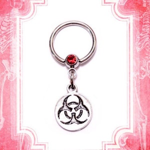Single or Pair Silver Biohazard Charm With Red Rhinestone 14G Nipple ...