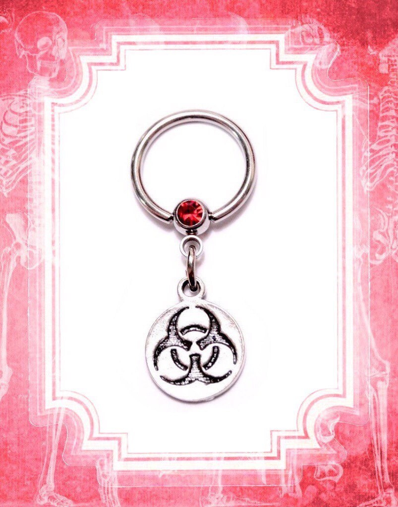 Single or Pair Silver Biohazard Charm With Red Rhinestone 14G Nipple ...