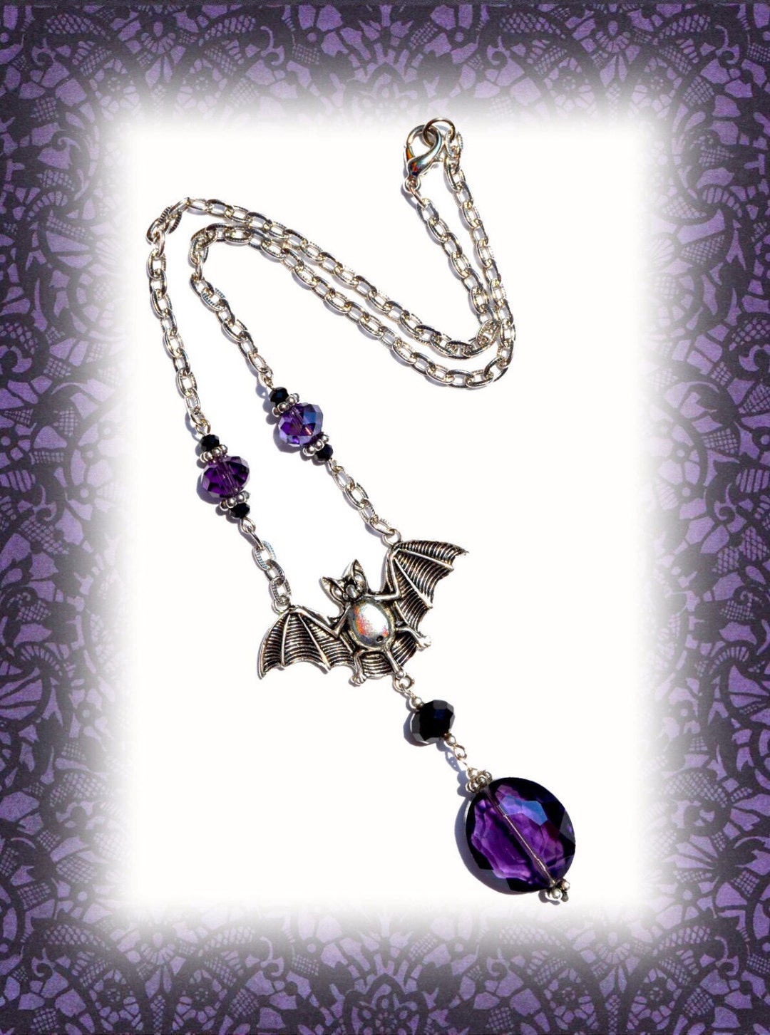 Silver Vampire Bat Gothic Necklace With Purple Crystal-cut - Etsy