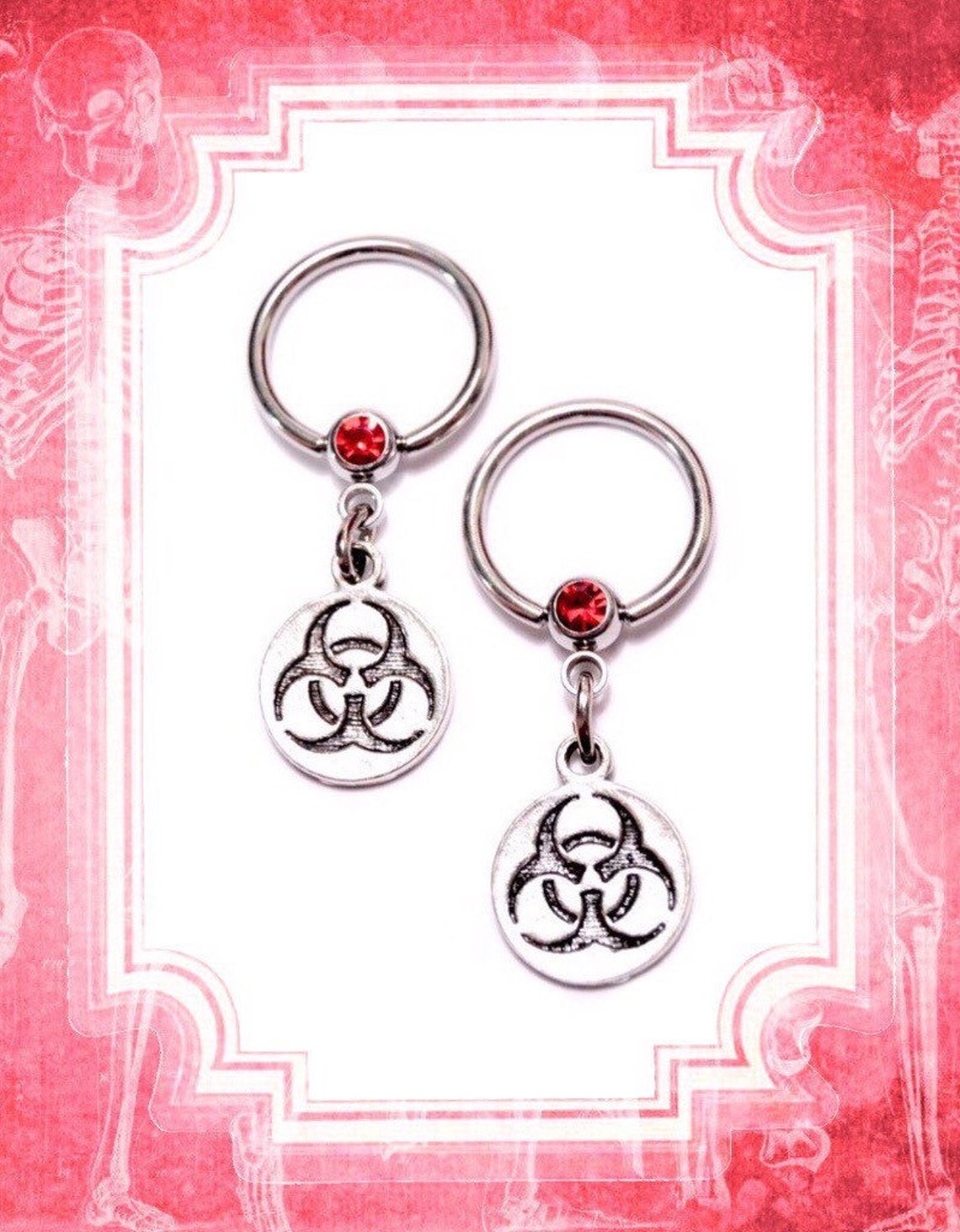 Single or Pair Silver Biohazard Charm With Red Rhinestone 14G Nipple ...
