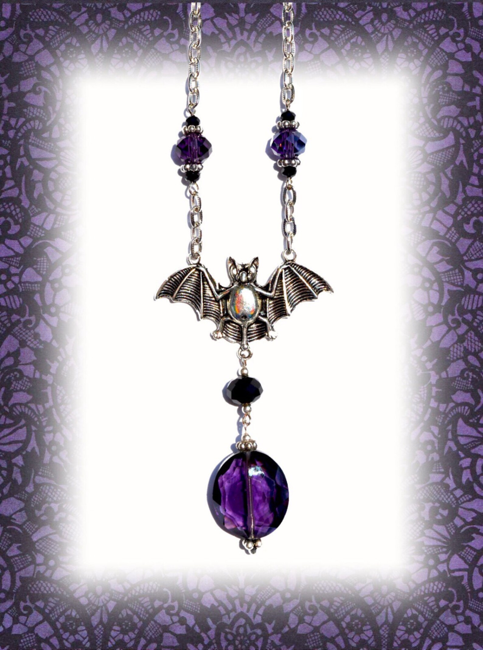 Silver Vampire Bat Gothic Necklace With Purple Crystal-cut - Etsy