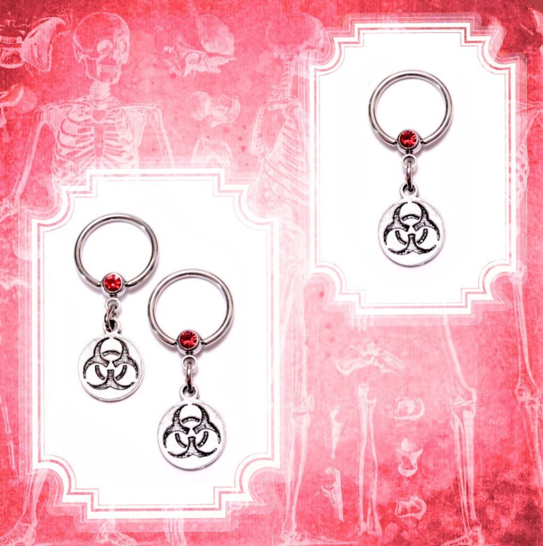 Single or Pair Silver Biohazard Charm With Red Rhinestone 14G Nipple ...