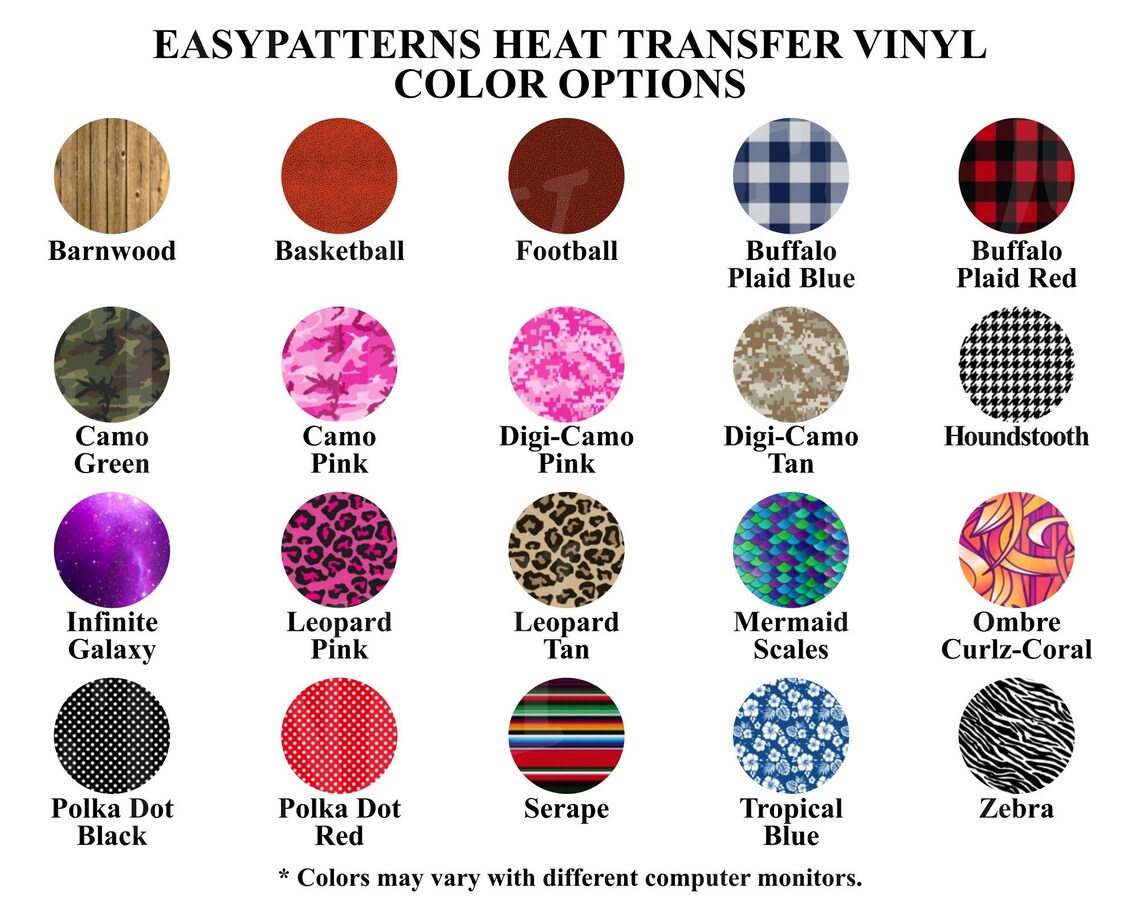 Heat Transfer Vinyl Color Options Chart, Easyweed Siser HTV, Glitter ...