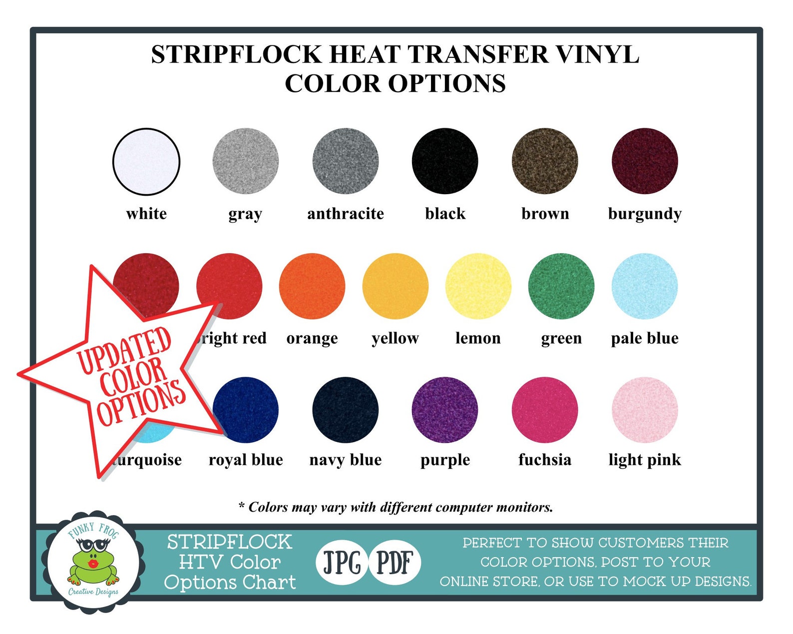 Heat Transfer Vinyl Color Options Chart, Easyweed Siser HTV, Glitter ...