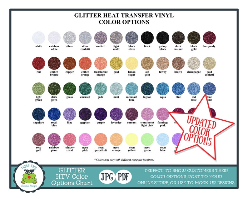 Heat Transfer Vinyl Color Options Chart, Easyweed Siser HTV, Glitter ...