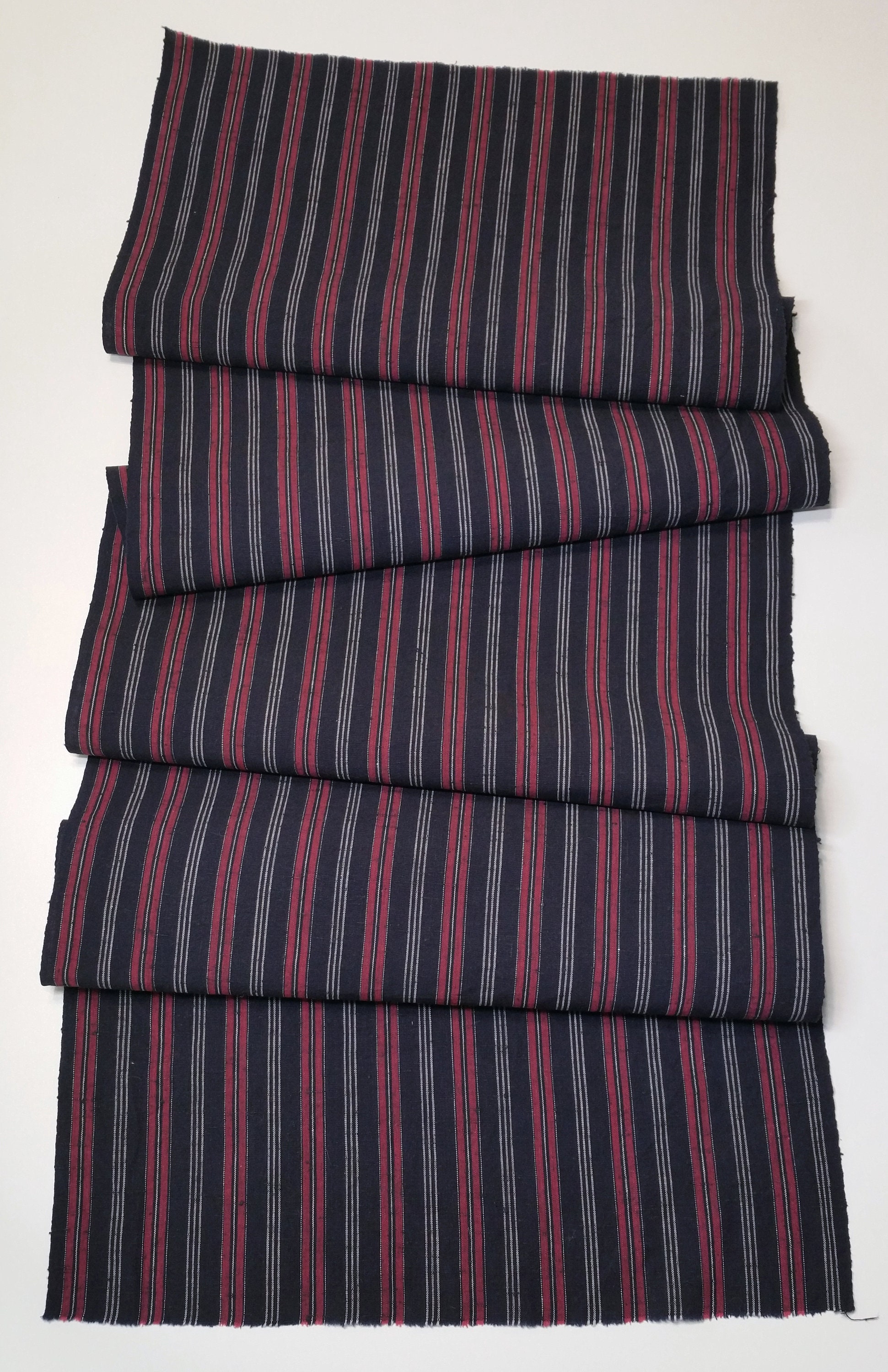 Vintage cotton tsumugi yukata fabric- black with brick red burgundy ...