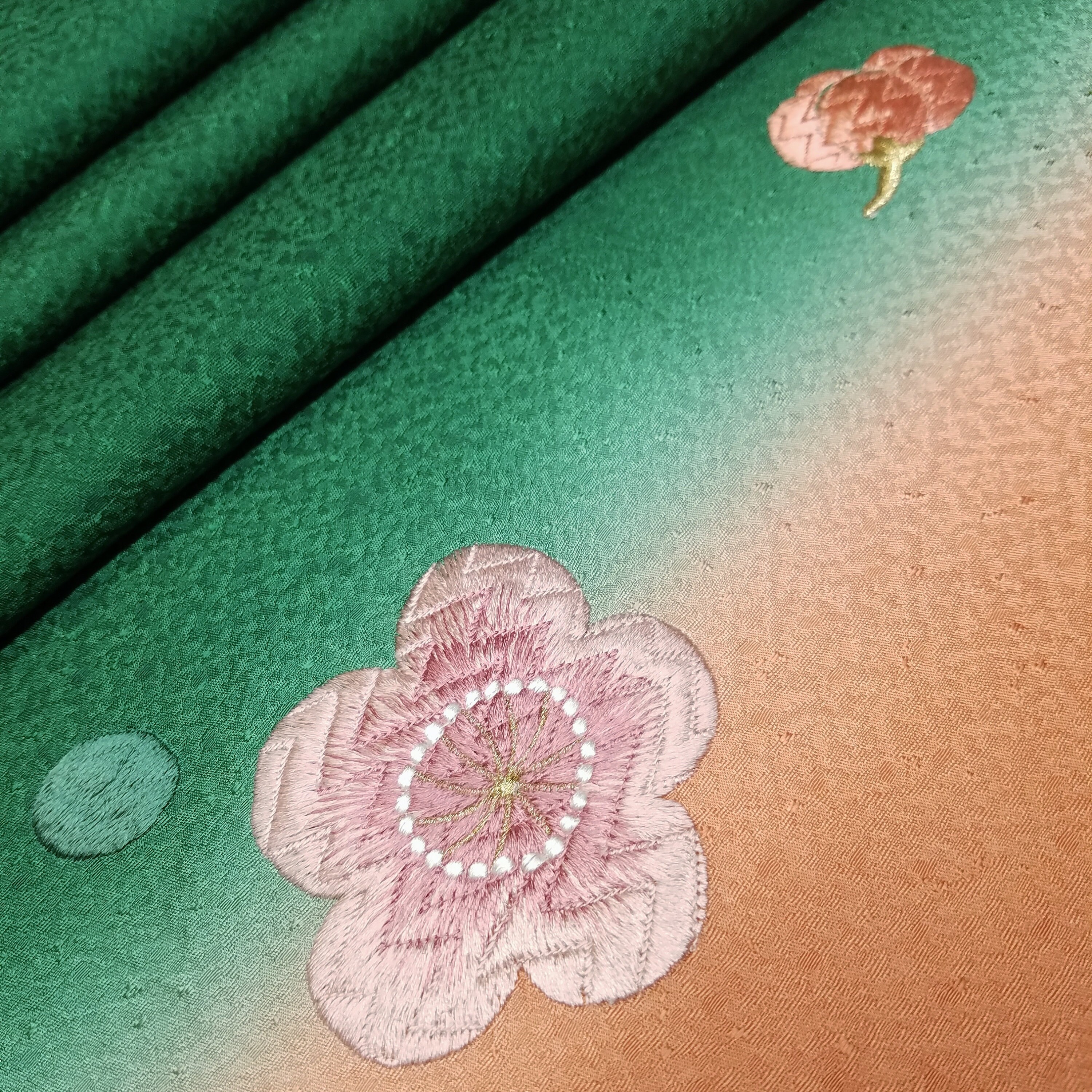 Silk Furisode kimono fabric panel - pine green to pink-orange with ...