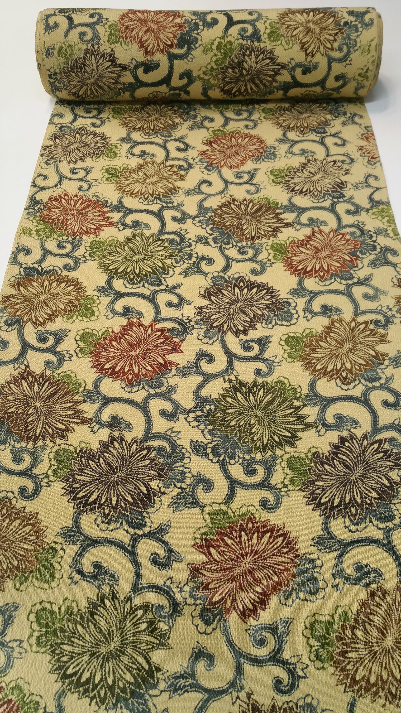 Chirimen crepe silk Kimono fabric - earth toned chrysanthemum and ...