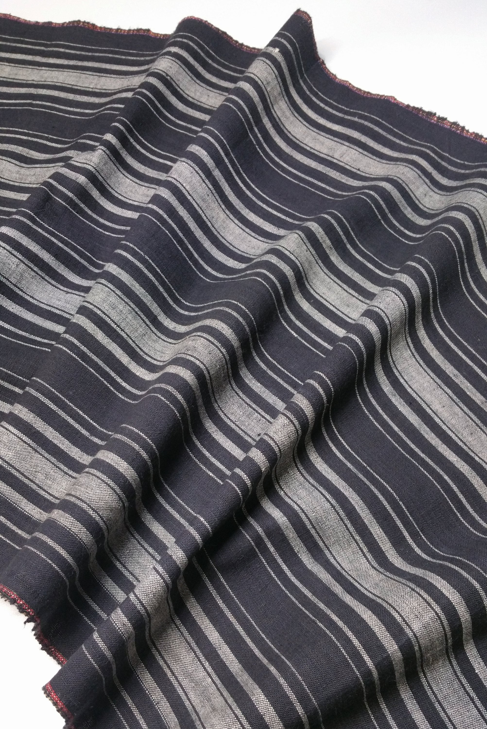 Vintage cotton tsumugi pongee yukata fabric- black and gray stripes ...