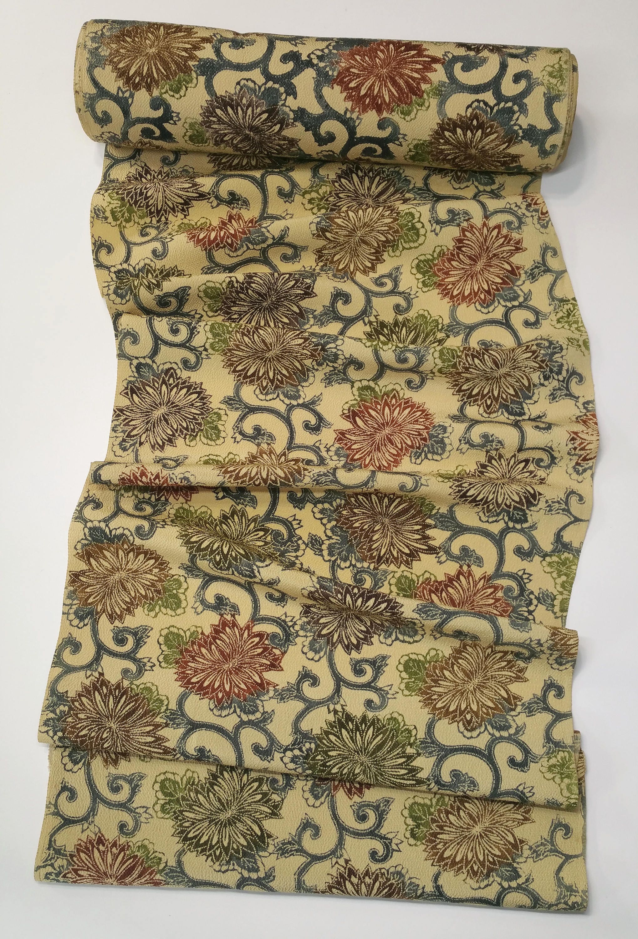 Chirimen crepe silk Kimono fabric - earth toned chrysanthemum and ...