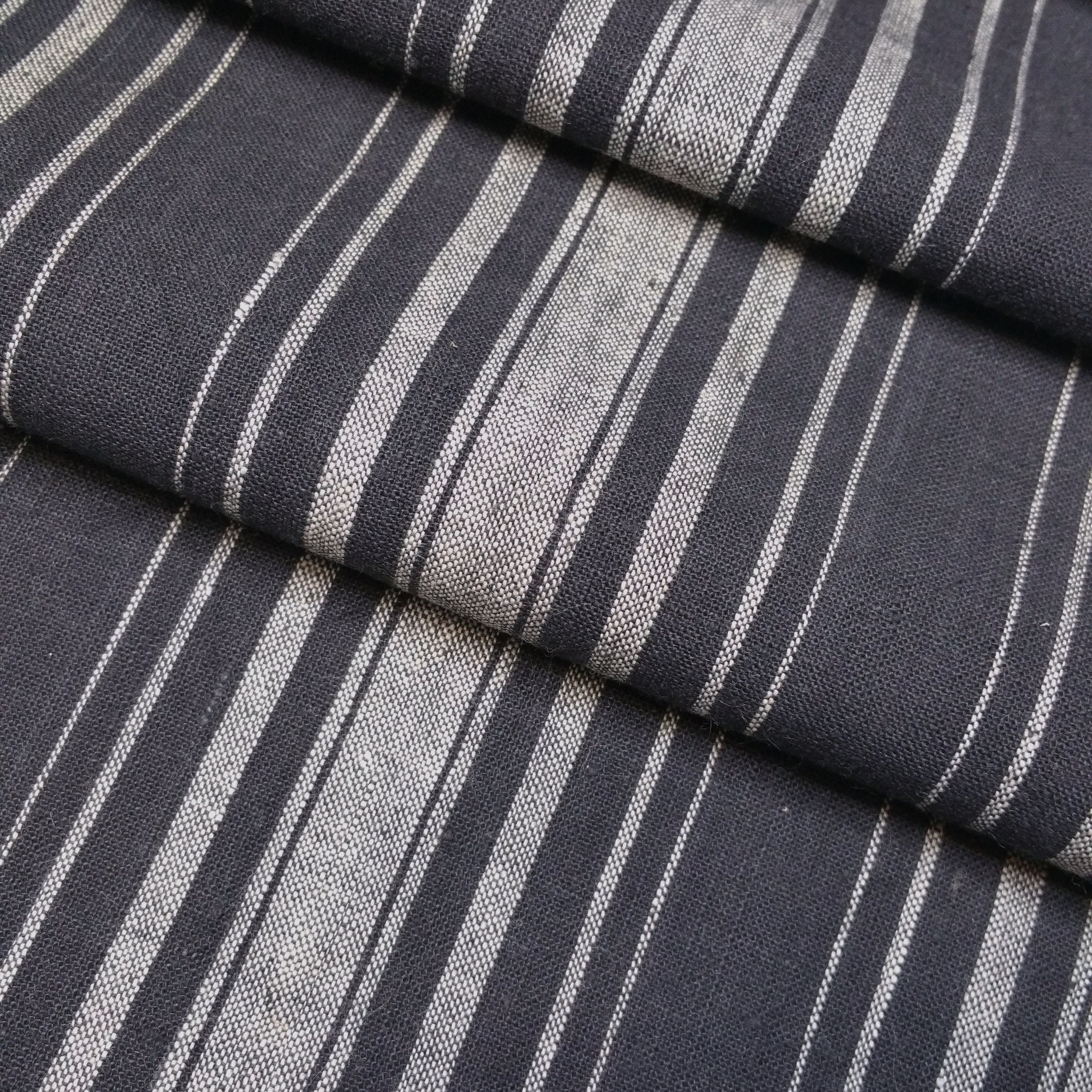Vintage cotton tsumugi pongee yukata fabric- black and gray stripes ...
