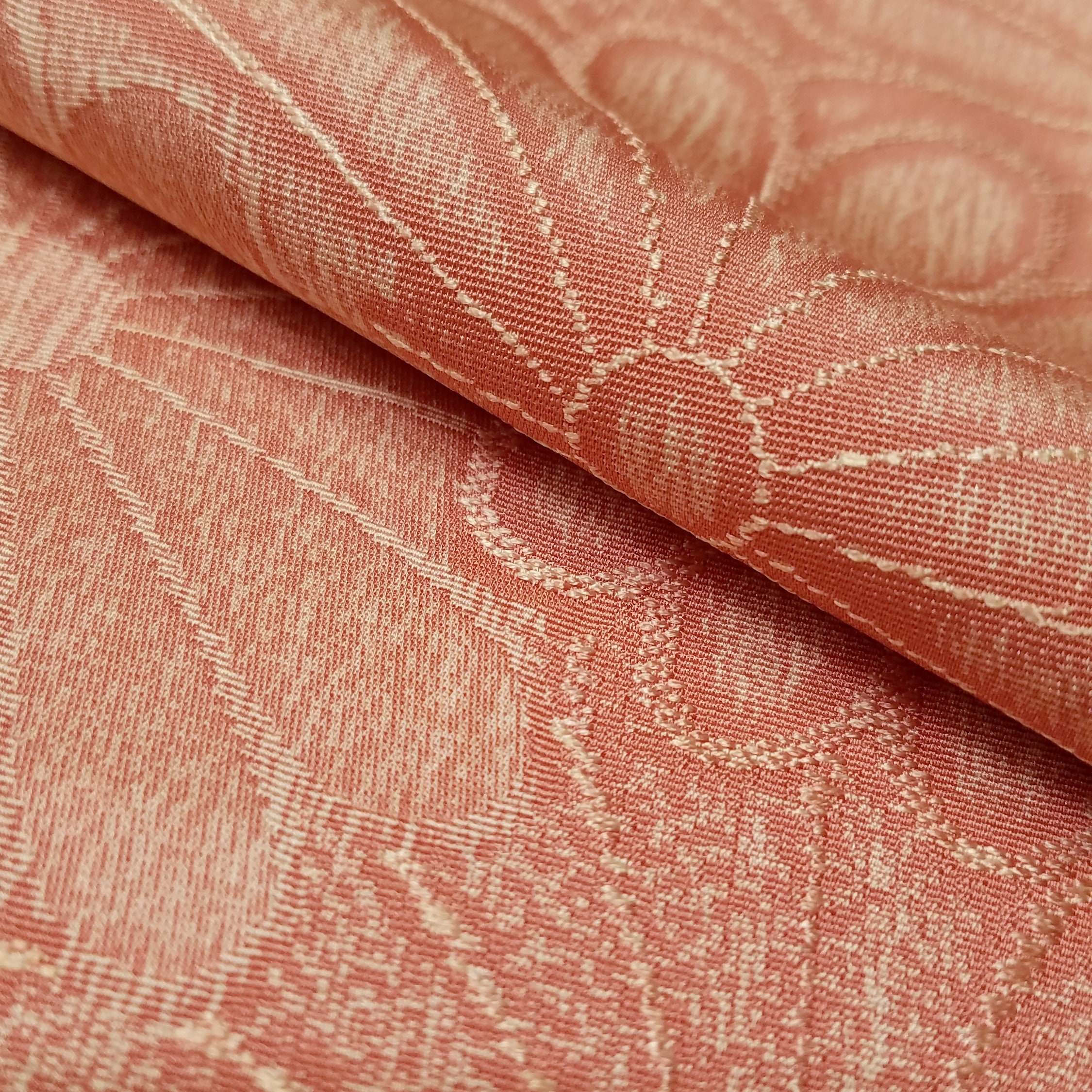 Salmon-pink silk kimono fabric with woven mum pattern - by the yard