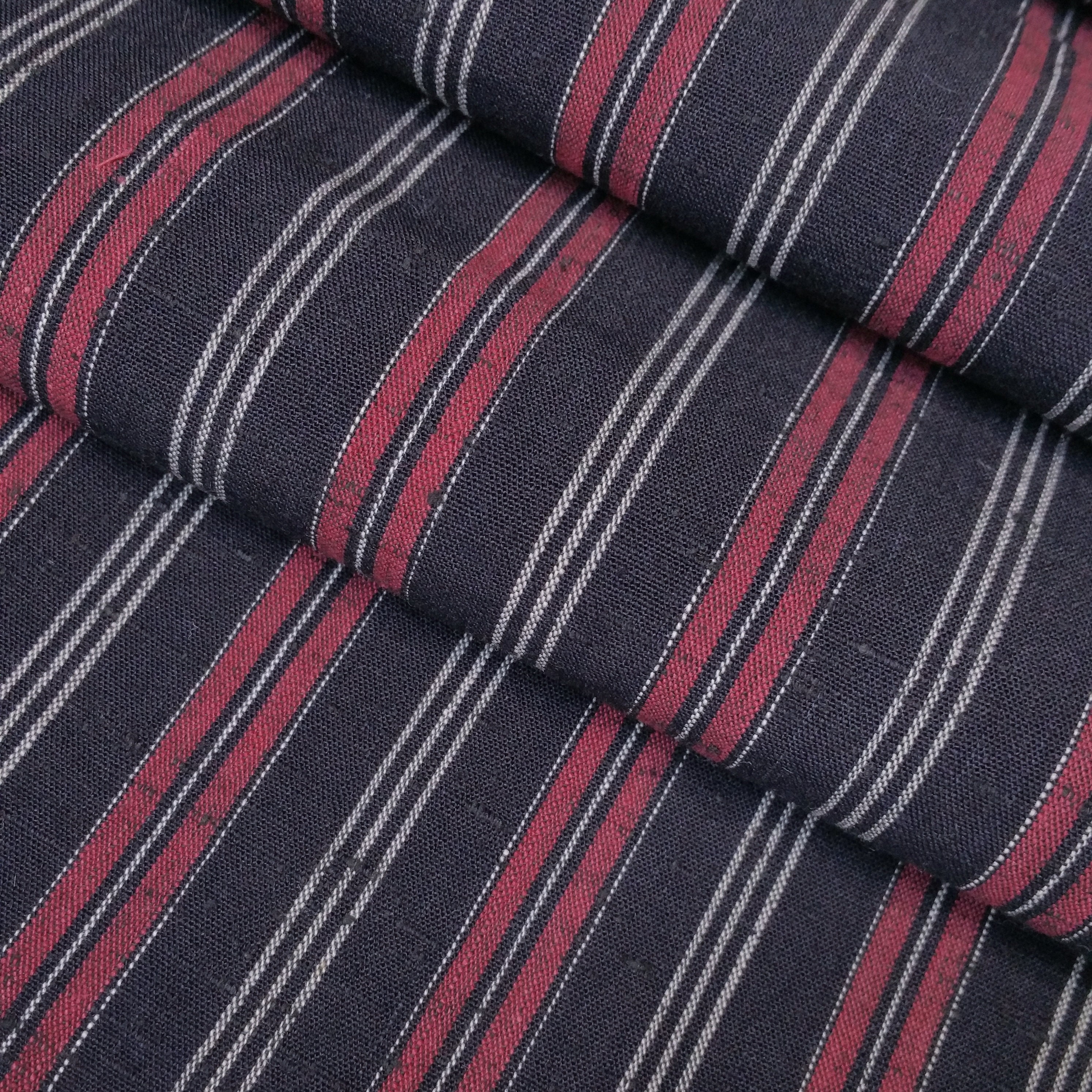 Vintage cotton tsumugi yukata fabric- black with brick red burgundy ...