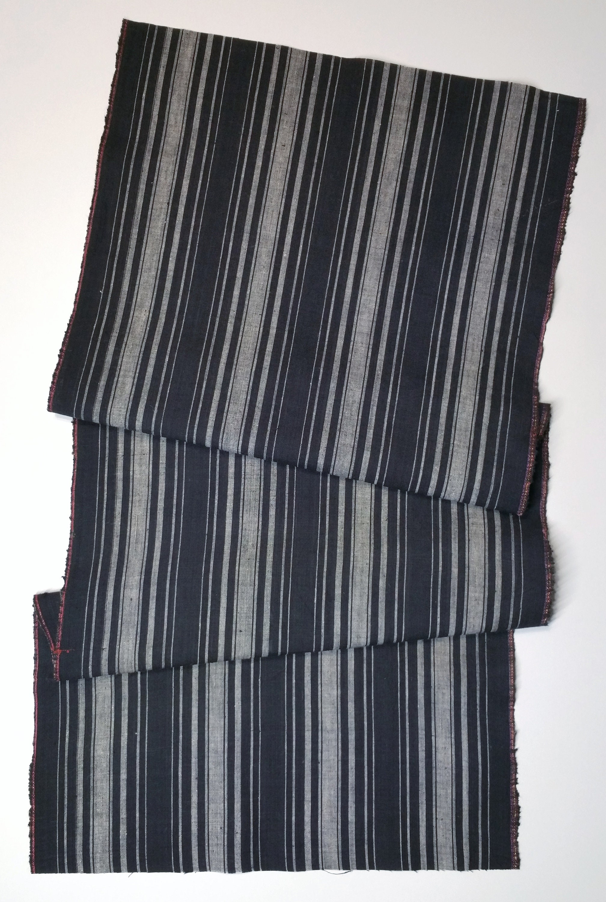 Vintage cotton tsumugi pongee yukata fabric- black and gray stripes ...