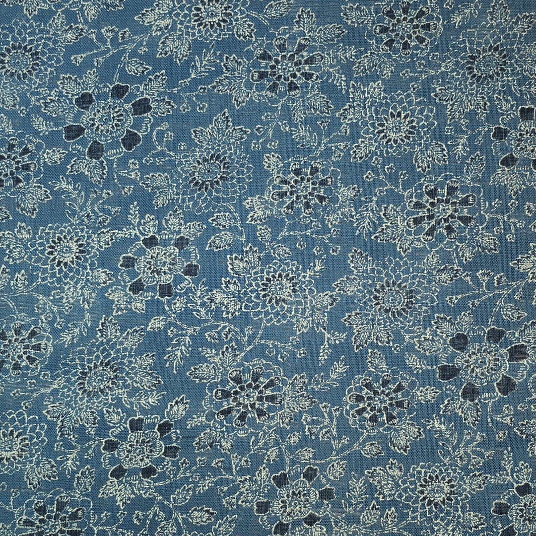 Sevenberry Japan Nara Homespun Cotton Canvas Fabric - Dusty Blue Floral ...