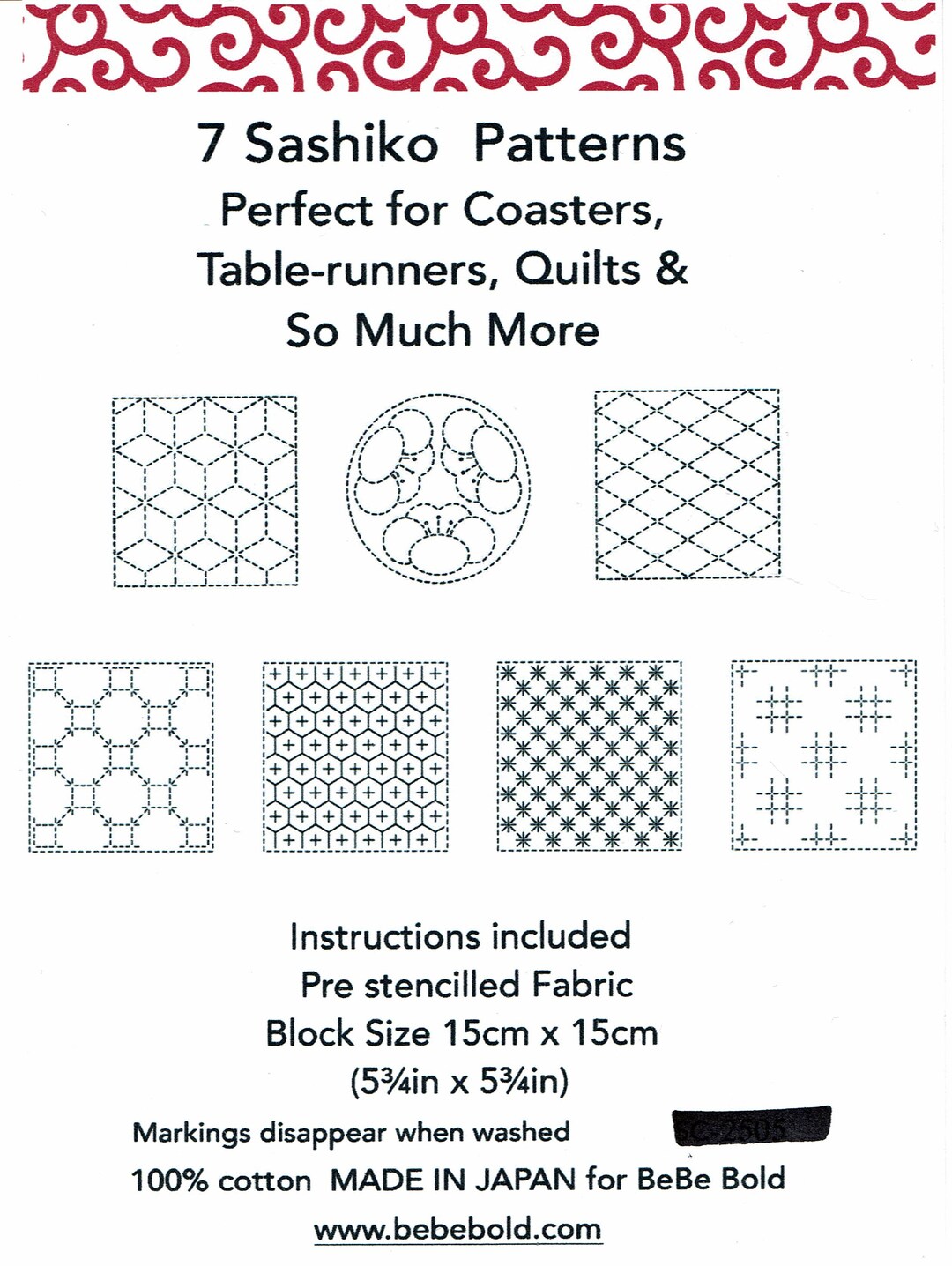 Bebe Bold Sashiko Pre-printed Wash-away Panel - 7 Traditional Patterns ...