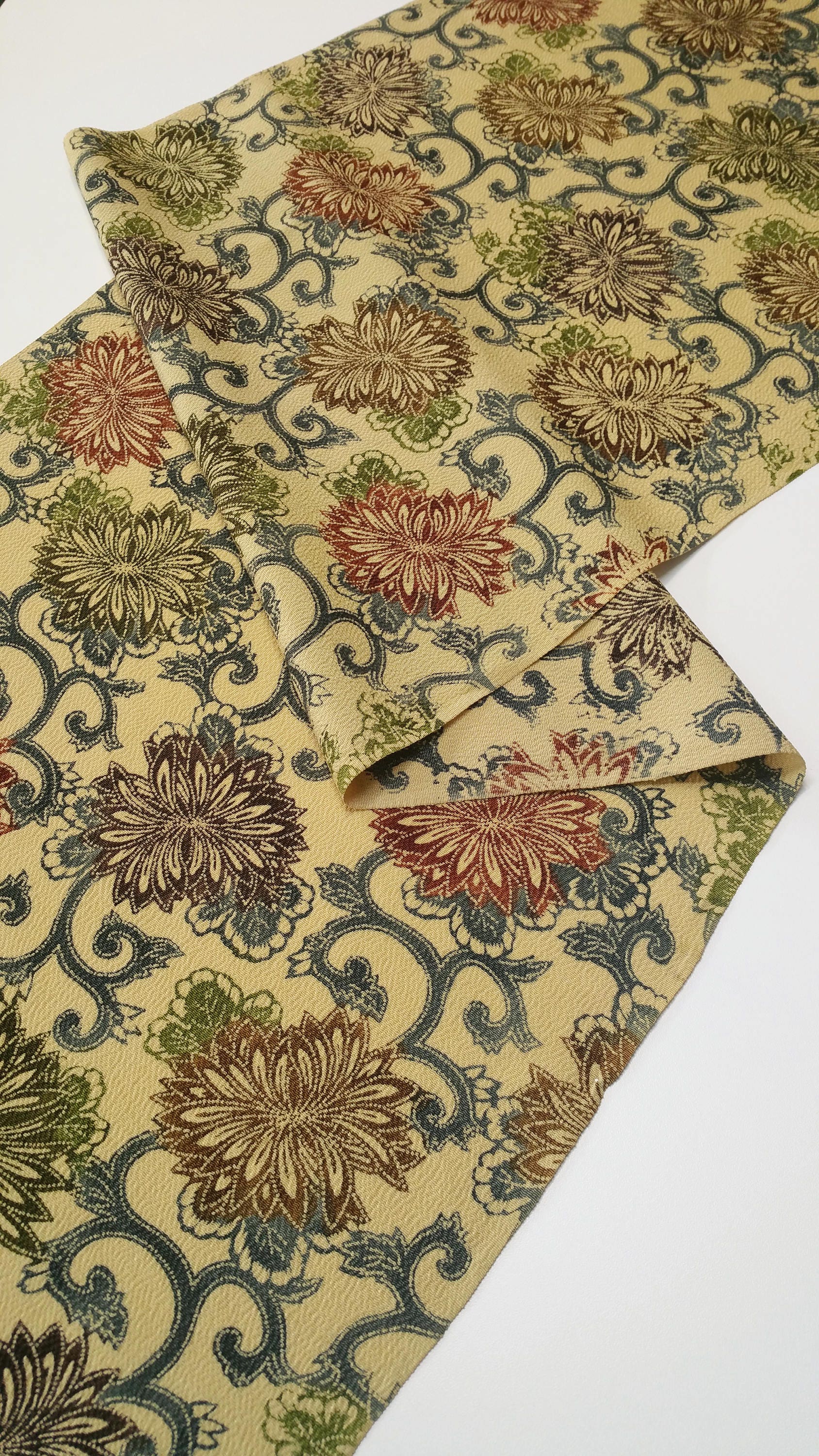 Chirimen crepe silk Kimono fabric - earth toned chrysanthemum and ...
