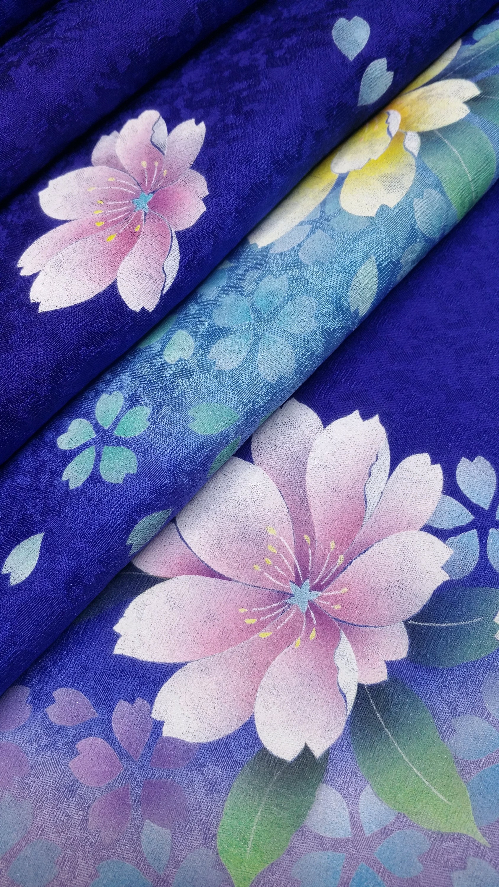 Deep indigo violet silk furisode kimono fabric panel - falling sakura ...