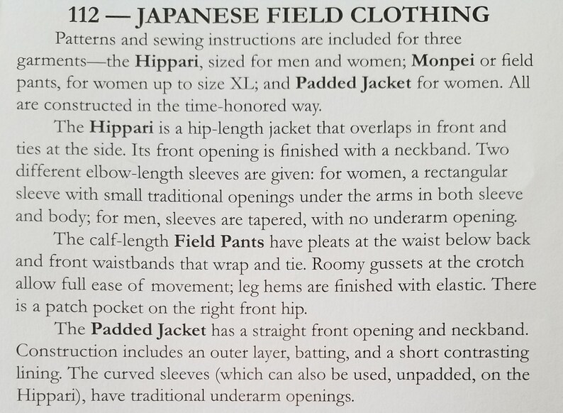 Folkwear Sewing Pattern # 112 Japanese Field Clothing; Hippari, Padded ...