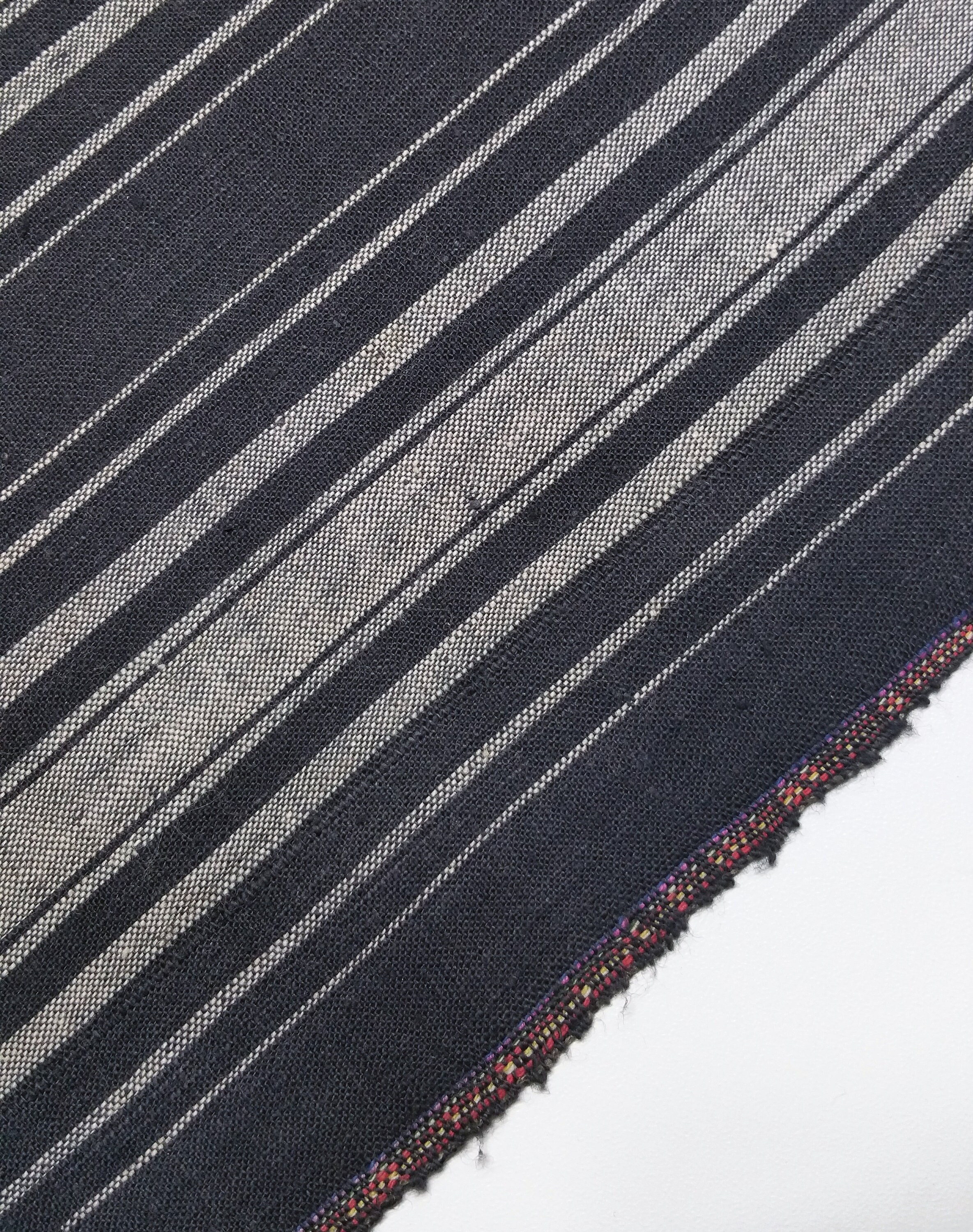Vintage cotton tsumugi pongee yukata fabric- black and gray stripes ...