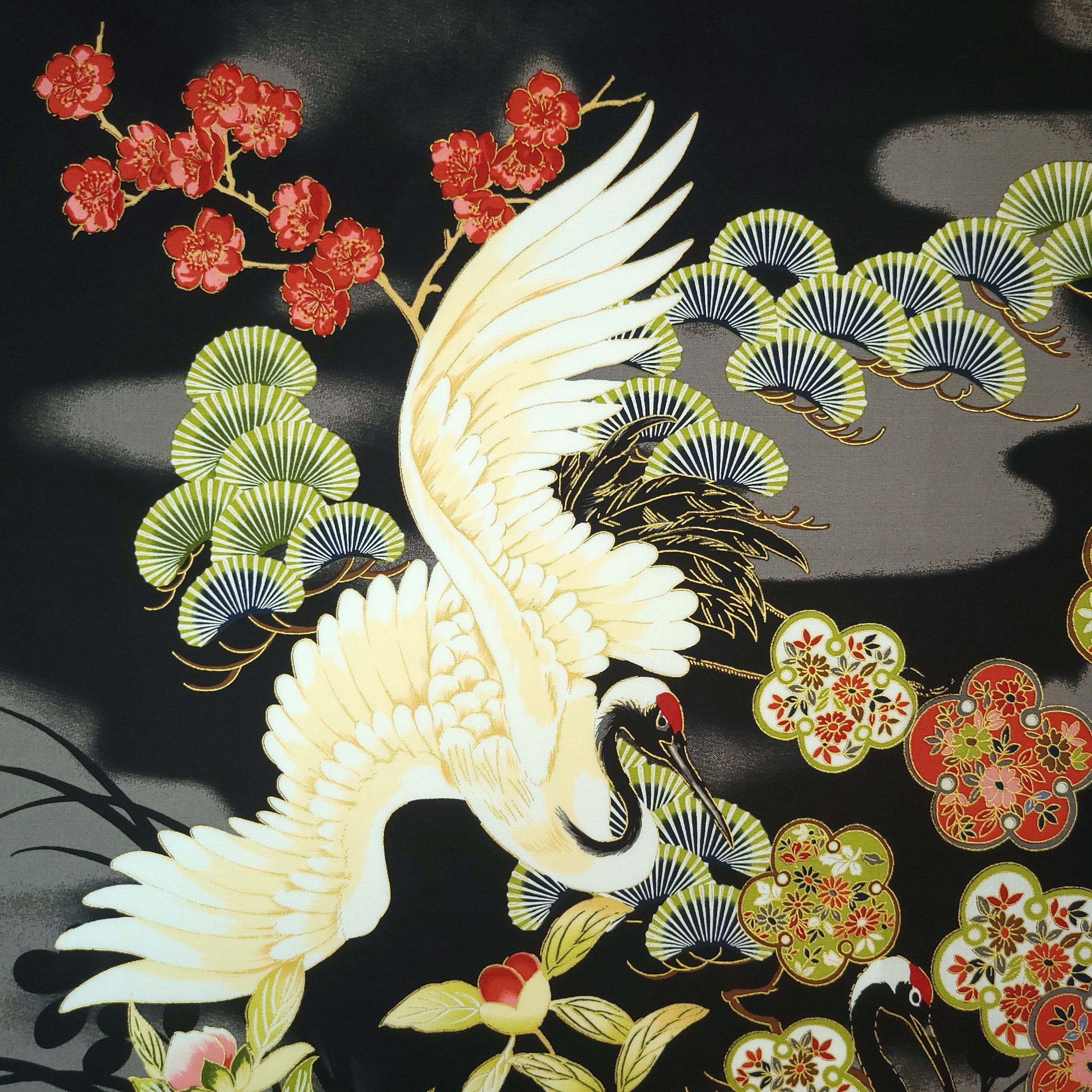 Tadashi by P & B Textiles - Cranes and floral quilt panel with metallic gold accents