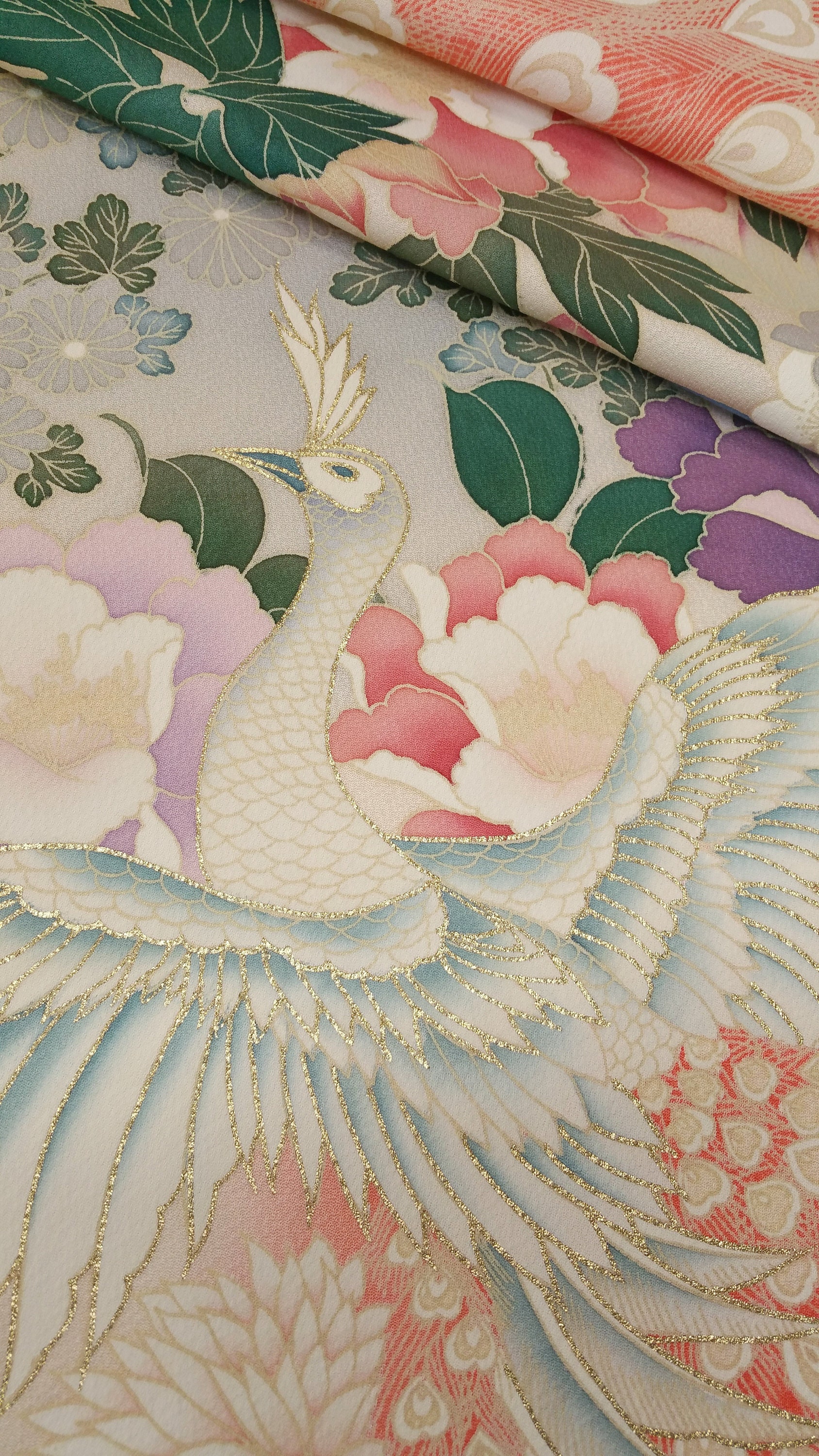 Peachy pink furisode kimono sleeve fabric panel - floral and peacock design