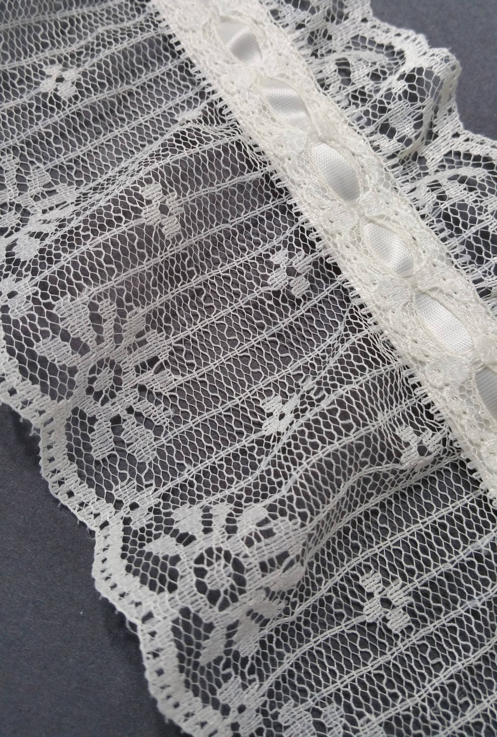 Vintage, 3.5 inch, pale ivory color ruffled lace trim with satin ribbon ...