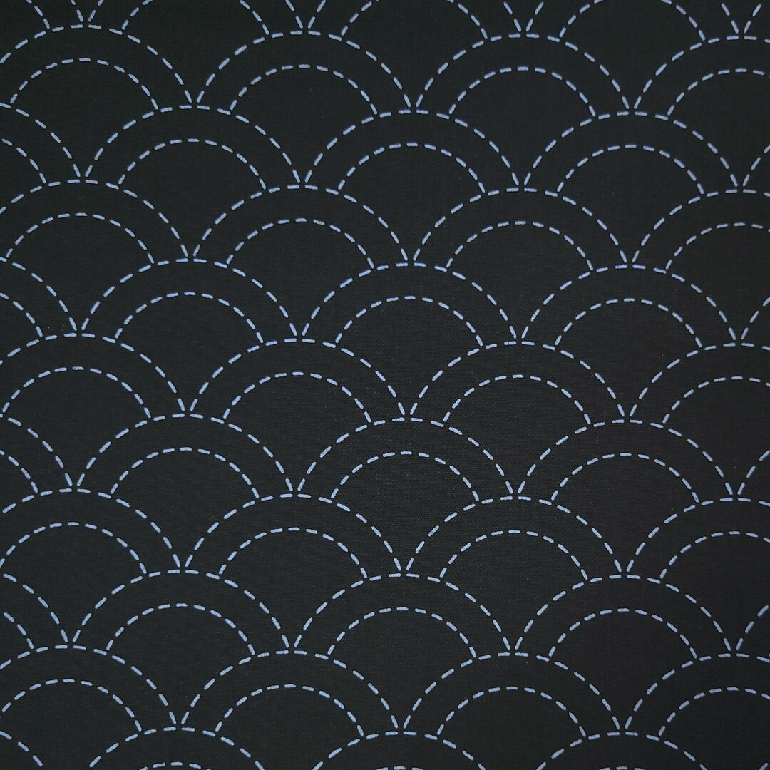 Black Pre-printed Wash-away Sashiko Fabric - Seigaiha Wave Pattern 103 ...