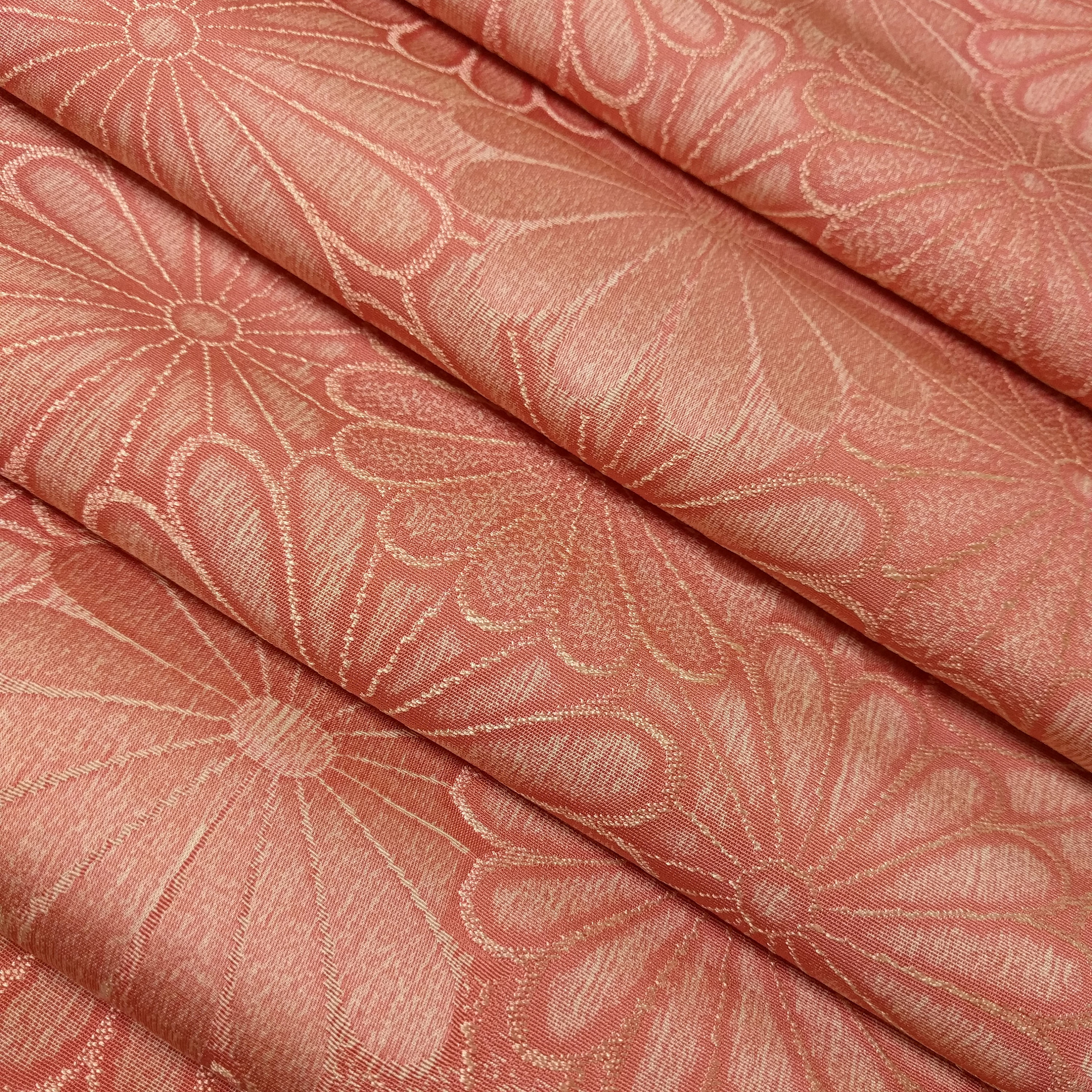 Salmon-pink silk kimono fabric with woven mum pattern - by the yard