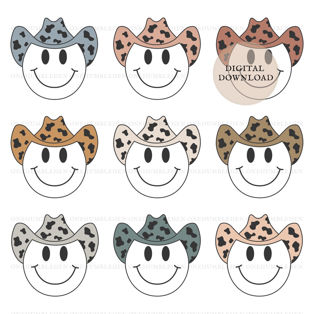 Boho Cowboy Smiley Face PNG File | Cow Print Hat Smile Clipart ...