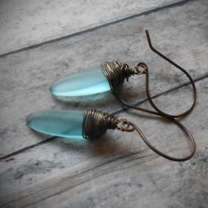 Sea Shards - Brass Wrapped Cultured Aqua Sea Glass Spike Earrings - Etsy
