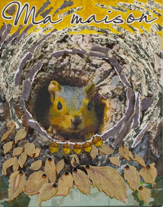 Folk Art Squirrel Collage on Canvas Board Original Called Ma - Etsy