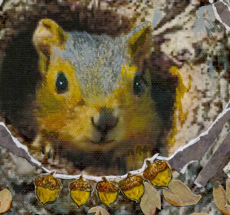 Folk Art Squirrel Collage on Canvas Board Original Called Ma - Etsy
