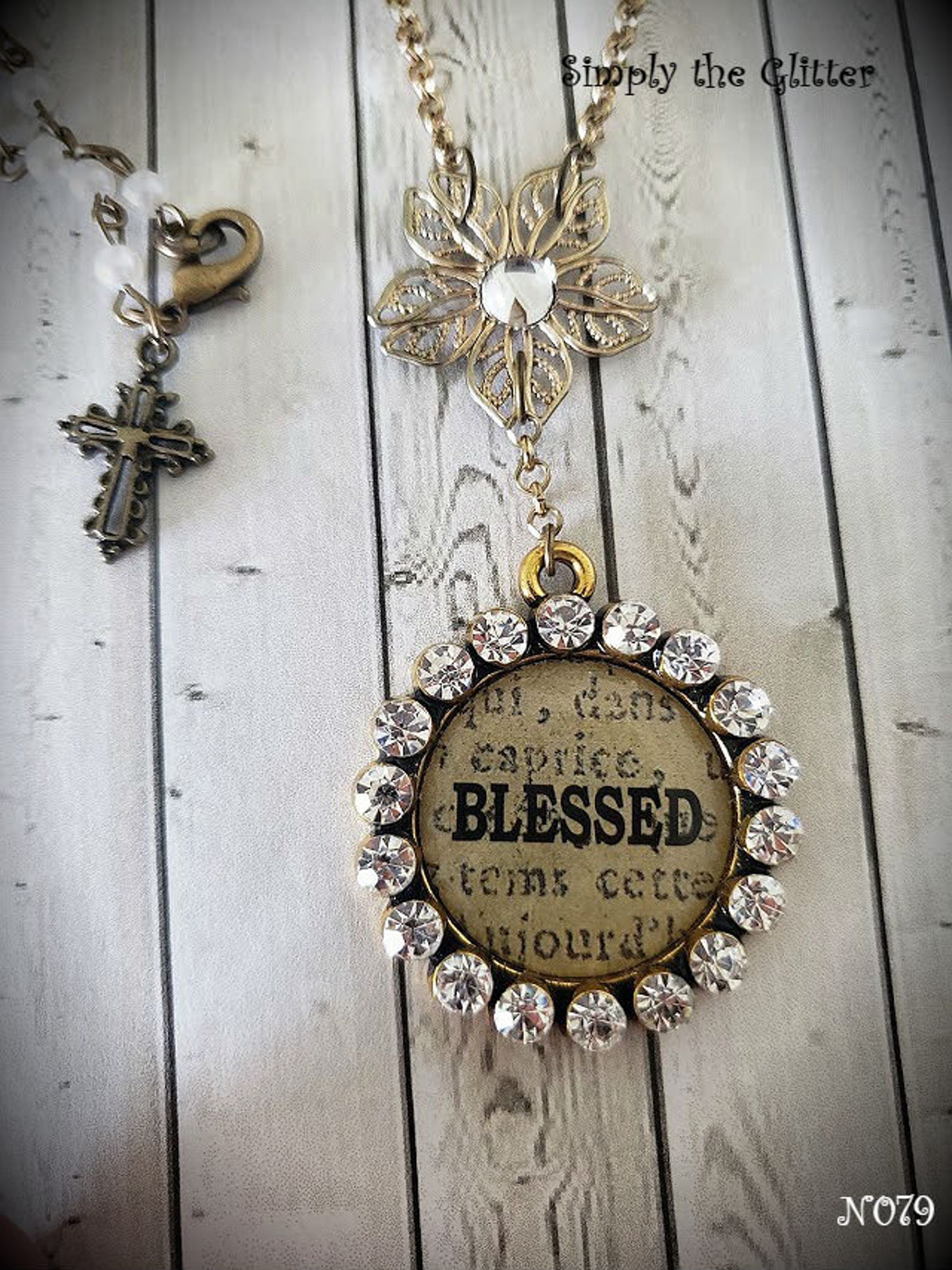 Brass and Rhinestone Blessed Pendant Assemblage Necklace - Etsy