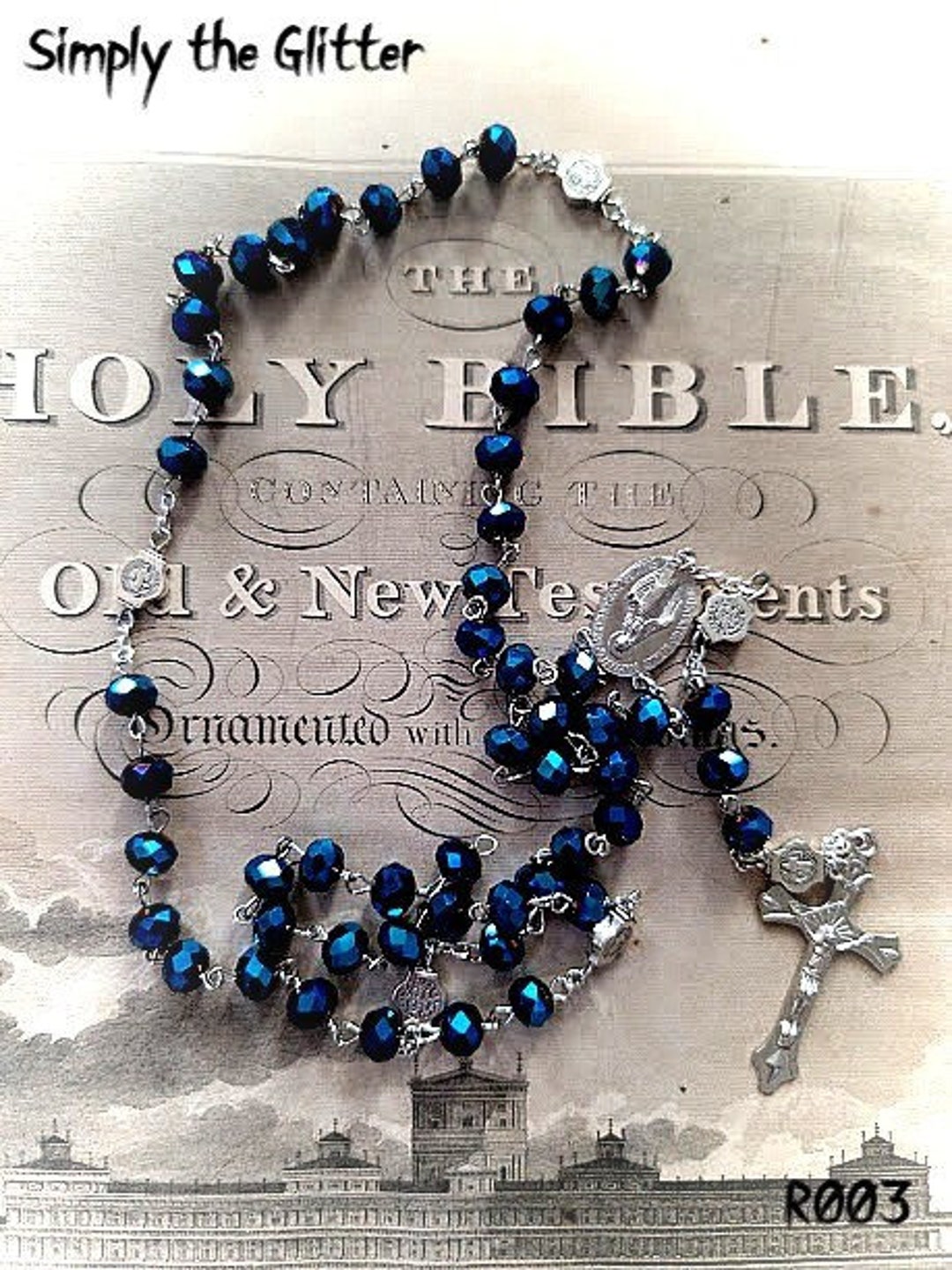 Vintage Silver and Blue Beaded Rosary, Jesus Rosary Connector, St ...
